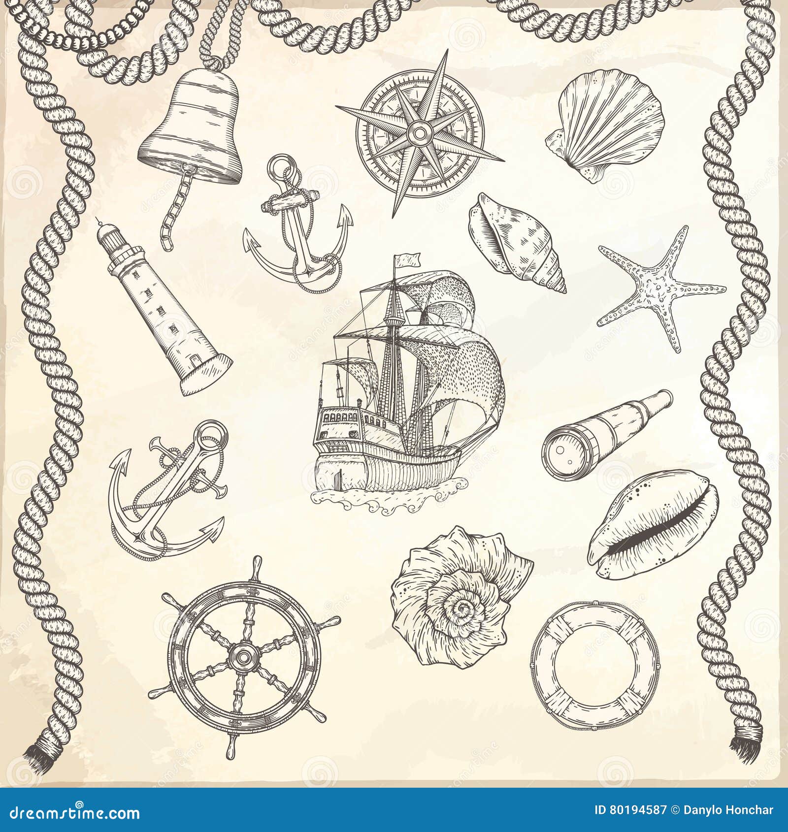 Hand Drawn Nautical Illustrations. Stock Vector - Illustration of ...