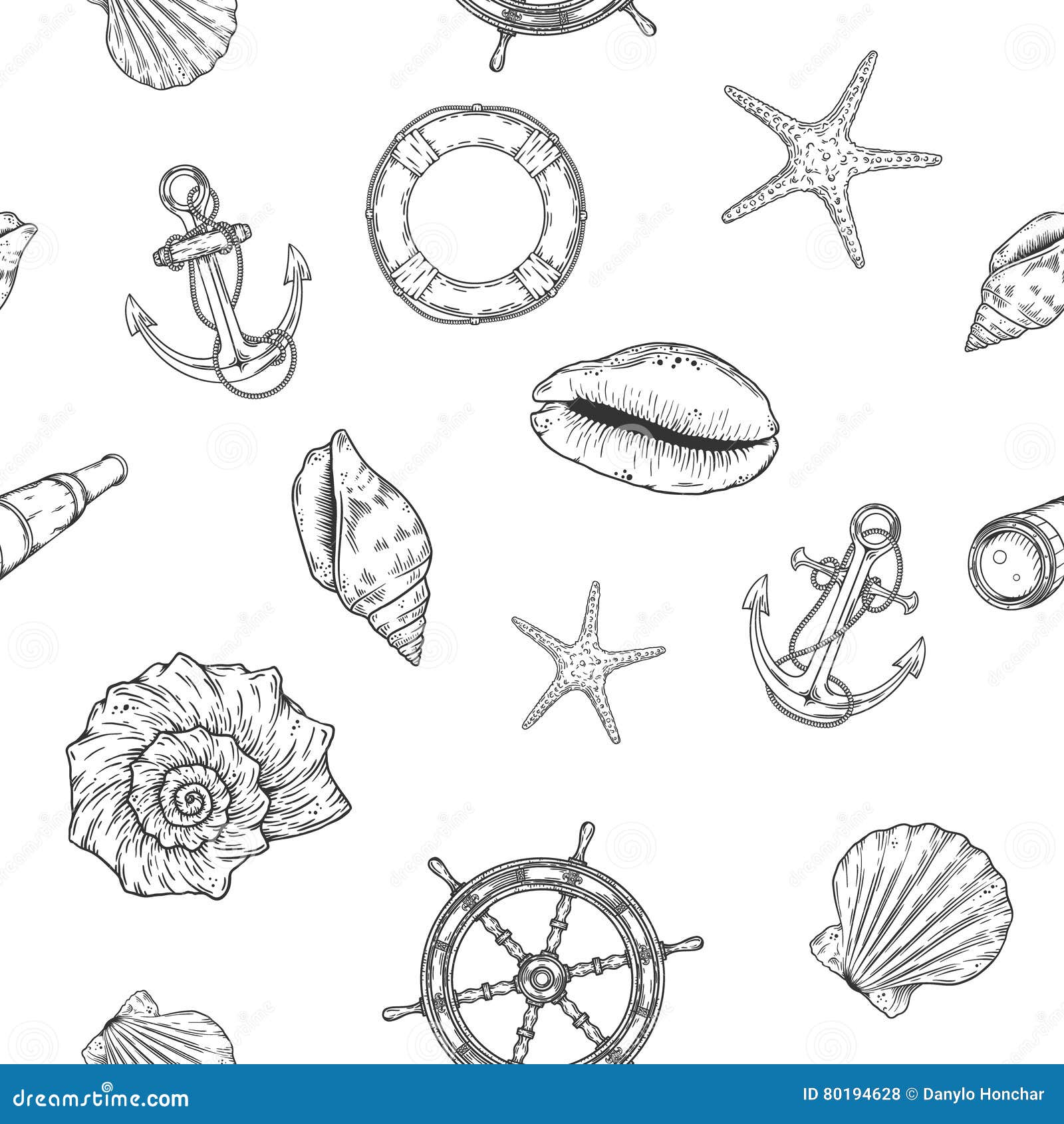 Hand Drawn Nautical Seamless Pattern. Stock Vector - Illustration of marine, scuba: 80194628