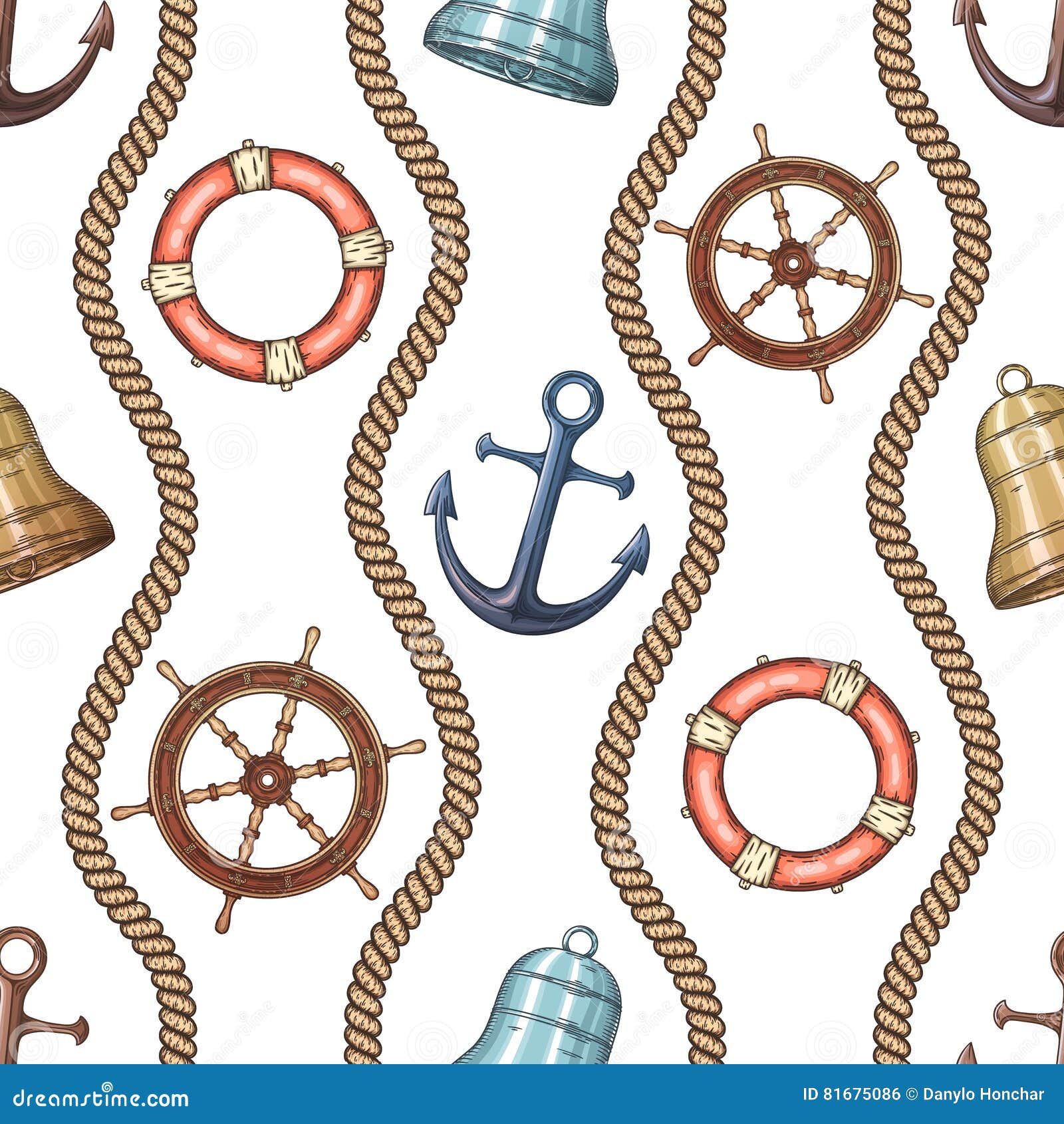 Hand Drawn Nautical Seamless Pattern. Stock Vector - Illustration of ...
