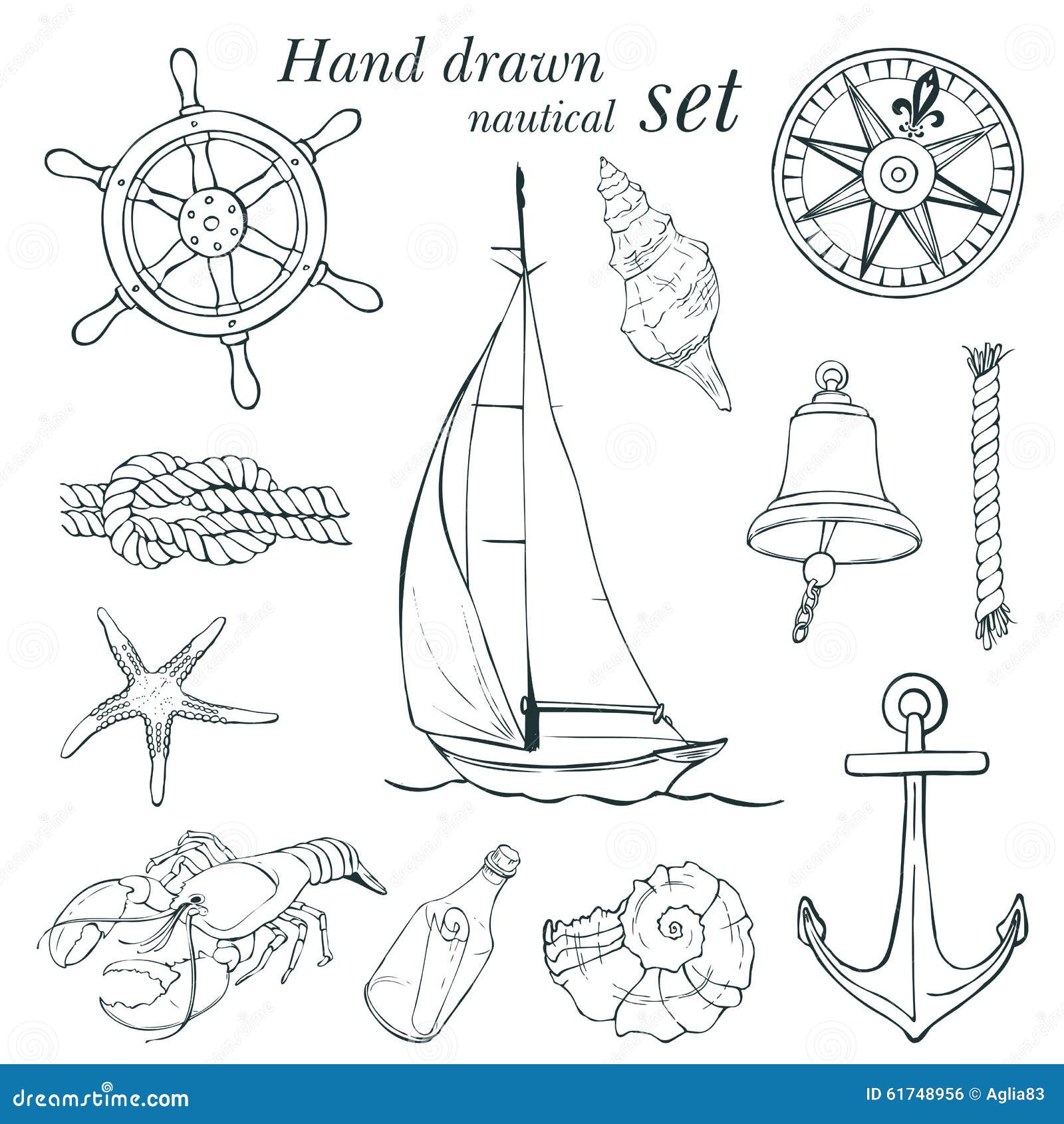 Hand drawn nautical set stock vector. Illustration of anchor - 61748956