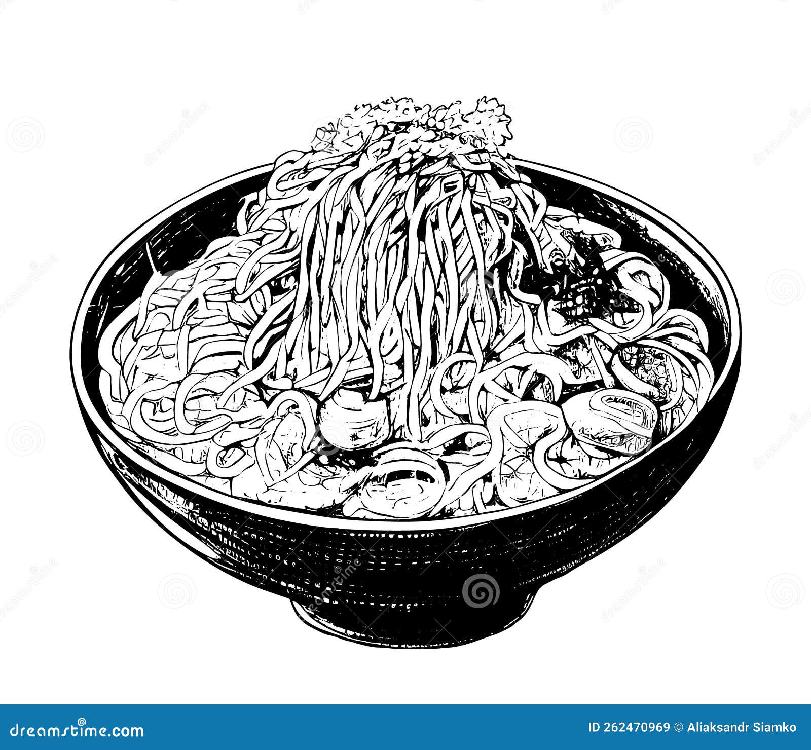 Hand Drawn Noodles in a Bowl Stock Vector - Illustration of food, line ...