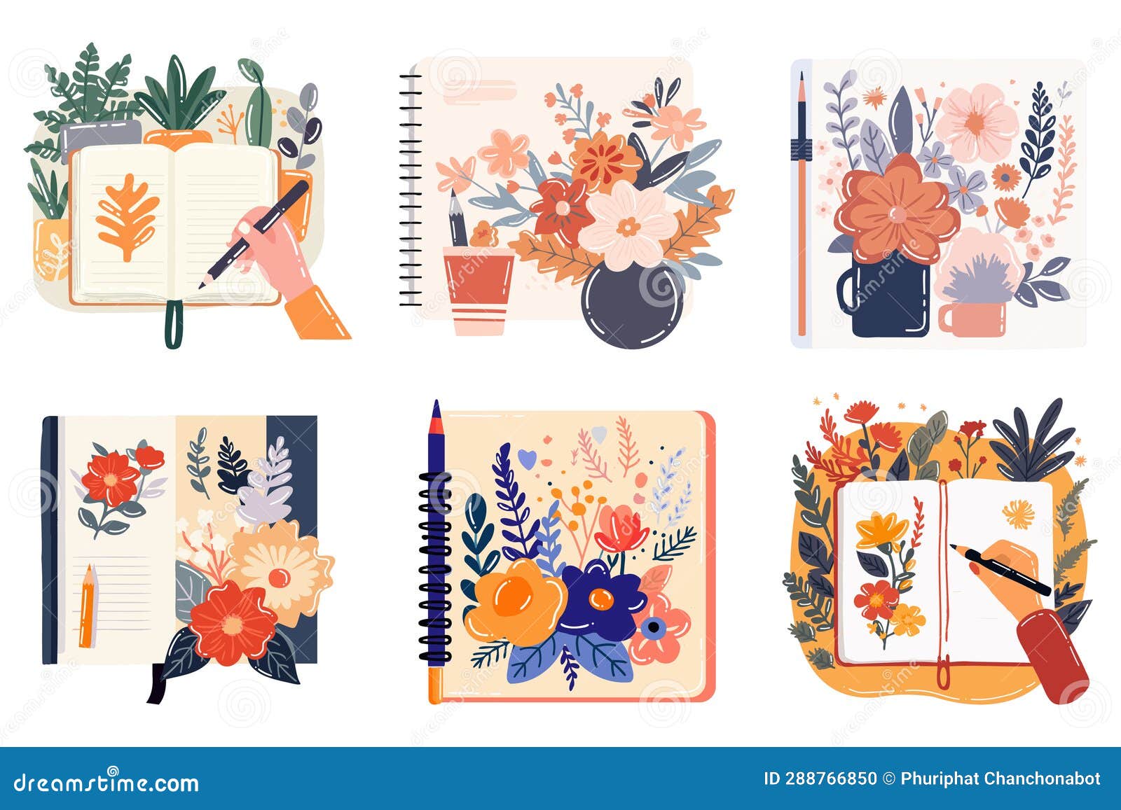 Hand Drawn Notebook with Flowers in Flat Style Stock Vector ...