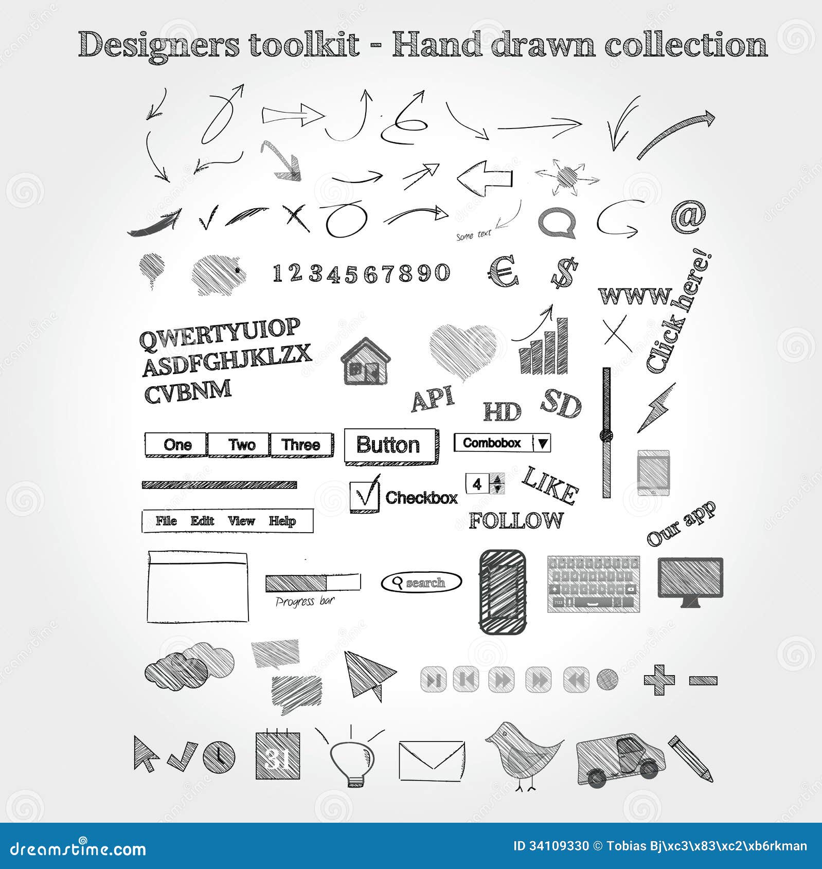 Hand drawn objects stock illustration. Illustration of left - 34109330