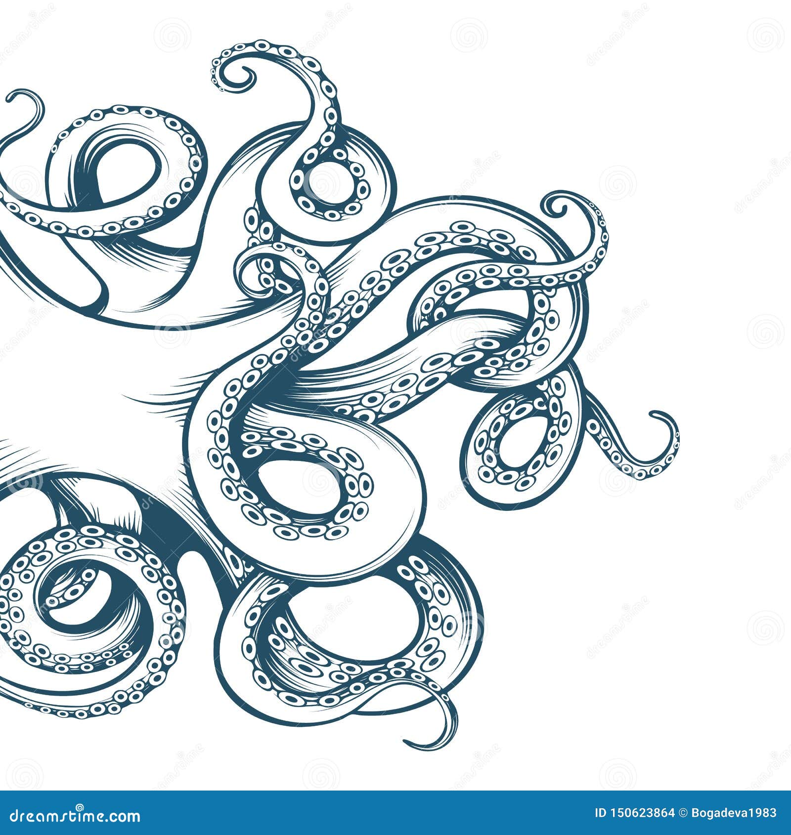 Octopus Tentacles Curl And Intertwined Hand Drawn Black And White Line ...