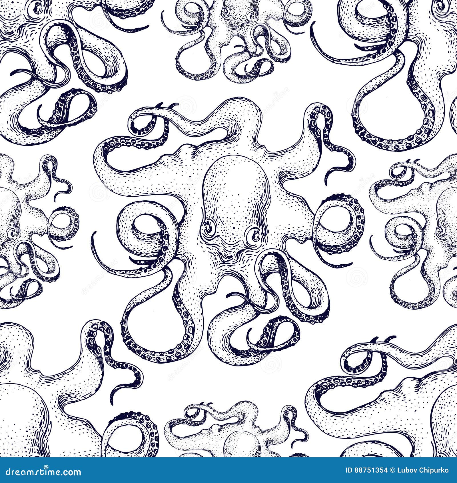 Hand Drawn Octopus Vector Seamless Pattern . Stock Vector ...
