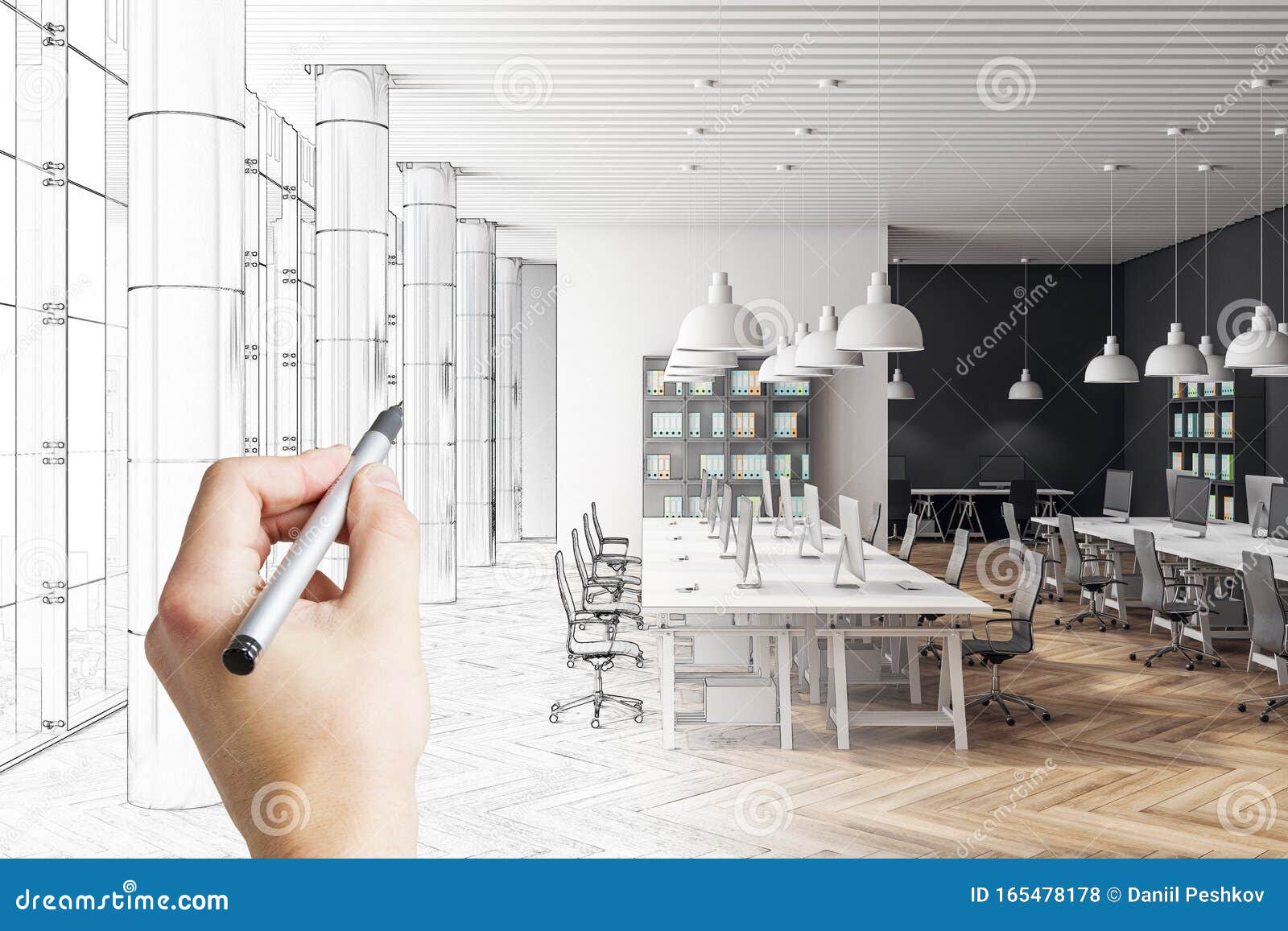 Hand drawn office interior stock photo. Image of estate - 165478178