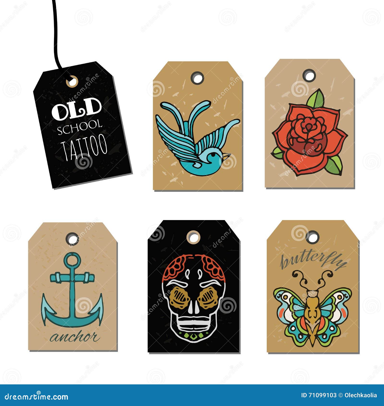 Hand Drawn Old School Tattoo Tags. Design Elements. Vector Vintage Set ...