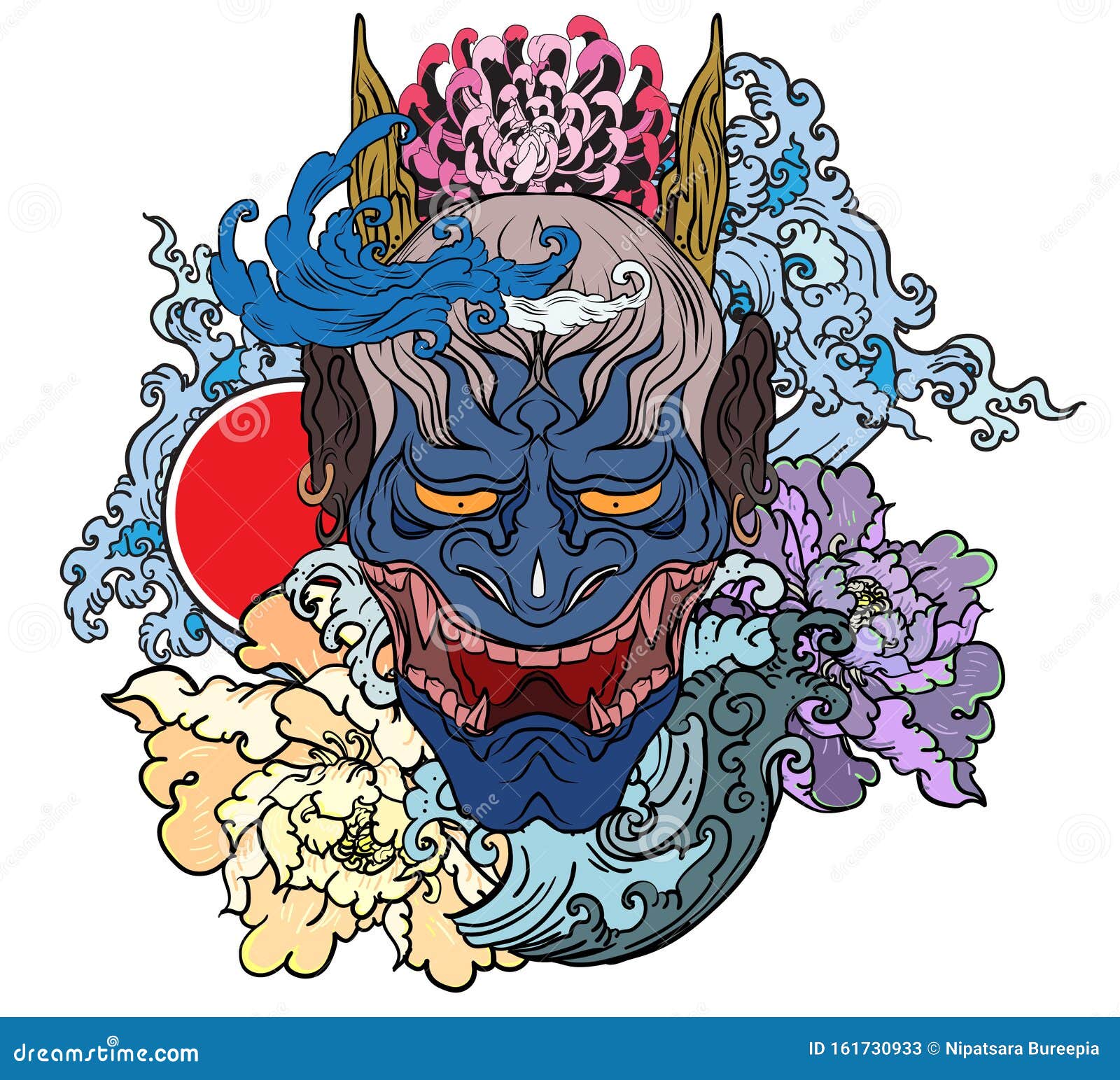 Hand Drawn Oni Mask with Cherry Blossom and Peony Flower. Stock Vector ... Hand Drawn Oni Mask with Cherry Blossom and Peony Flower. Stock Vector ...