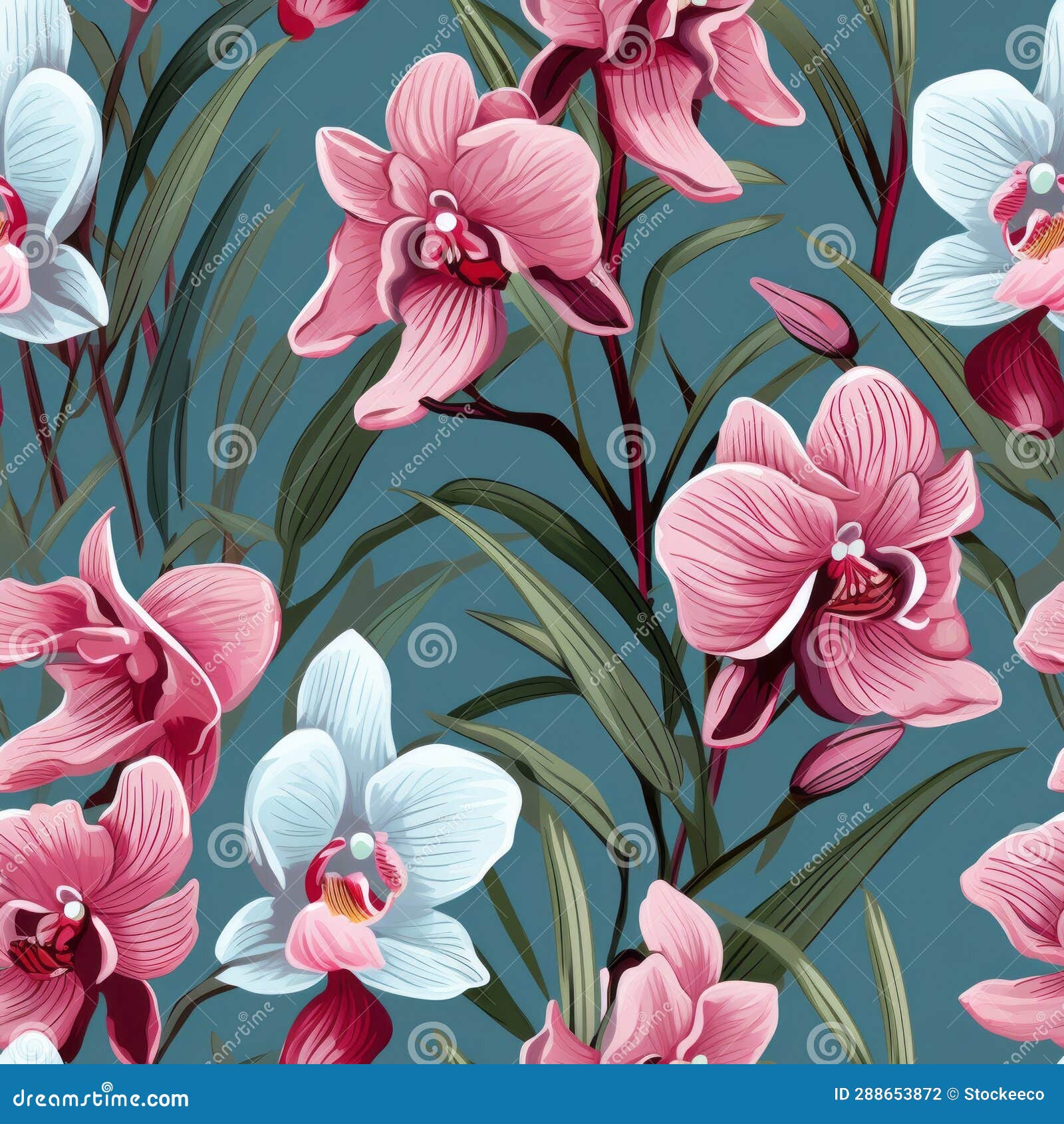 Hand-drawn Orchid Pattern: Bright Colors and Minimalistic Style Stock ...