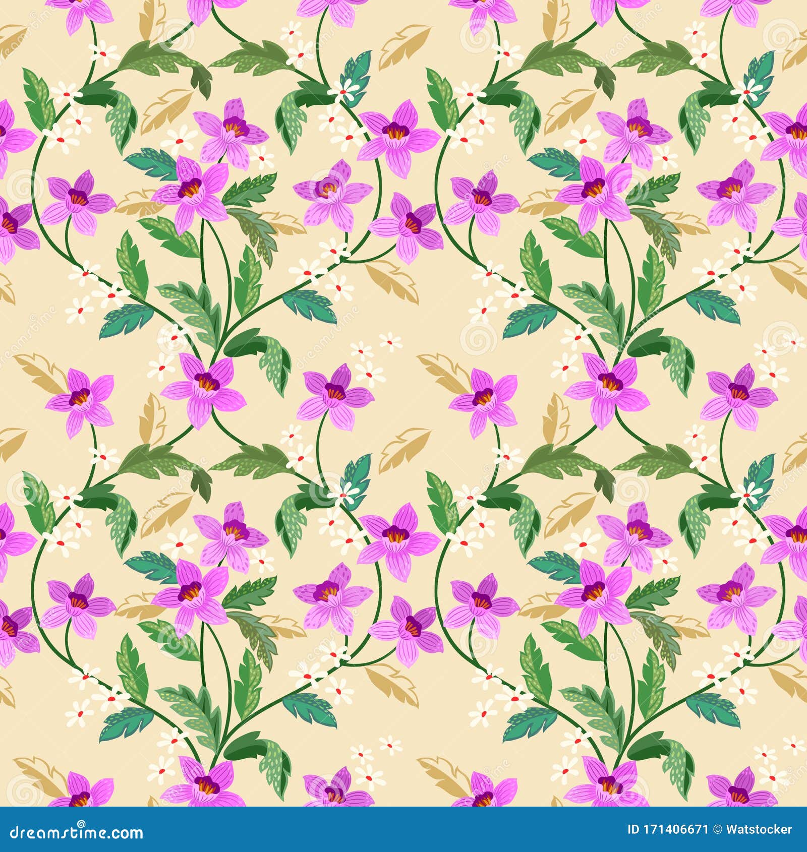 Hand Drawn Orchids Seamless Flower Pattern. Stock Vector - Illustration ...
