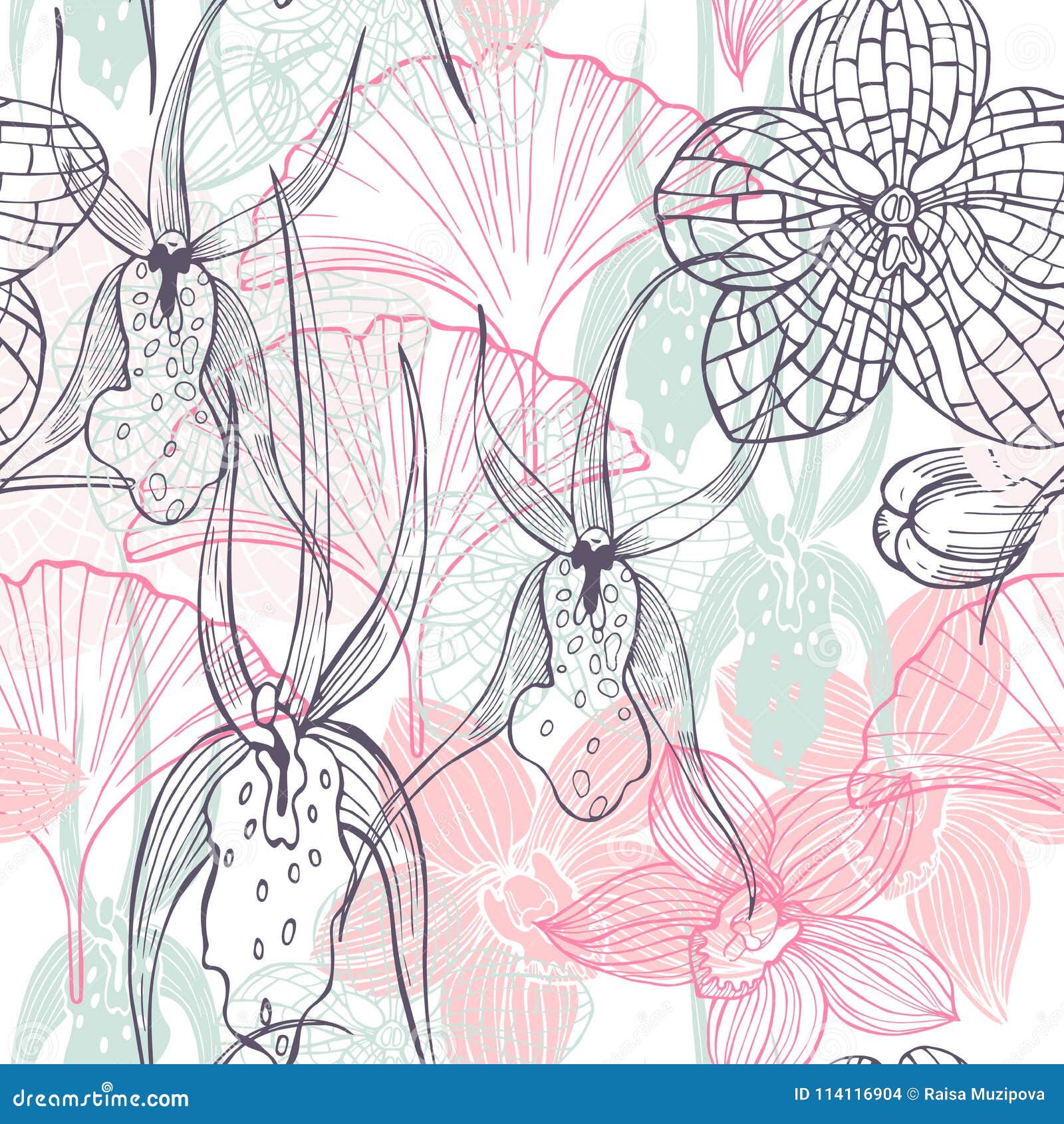Hand Drawn Orchids Vector Seamless Pattern Stock Vector Illustration