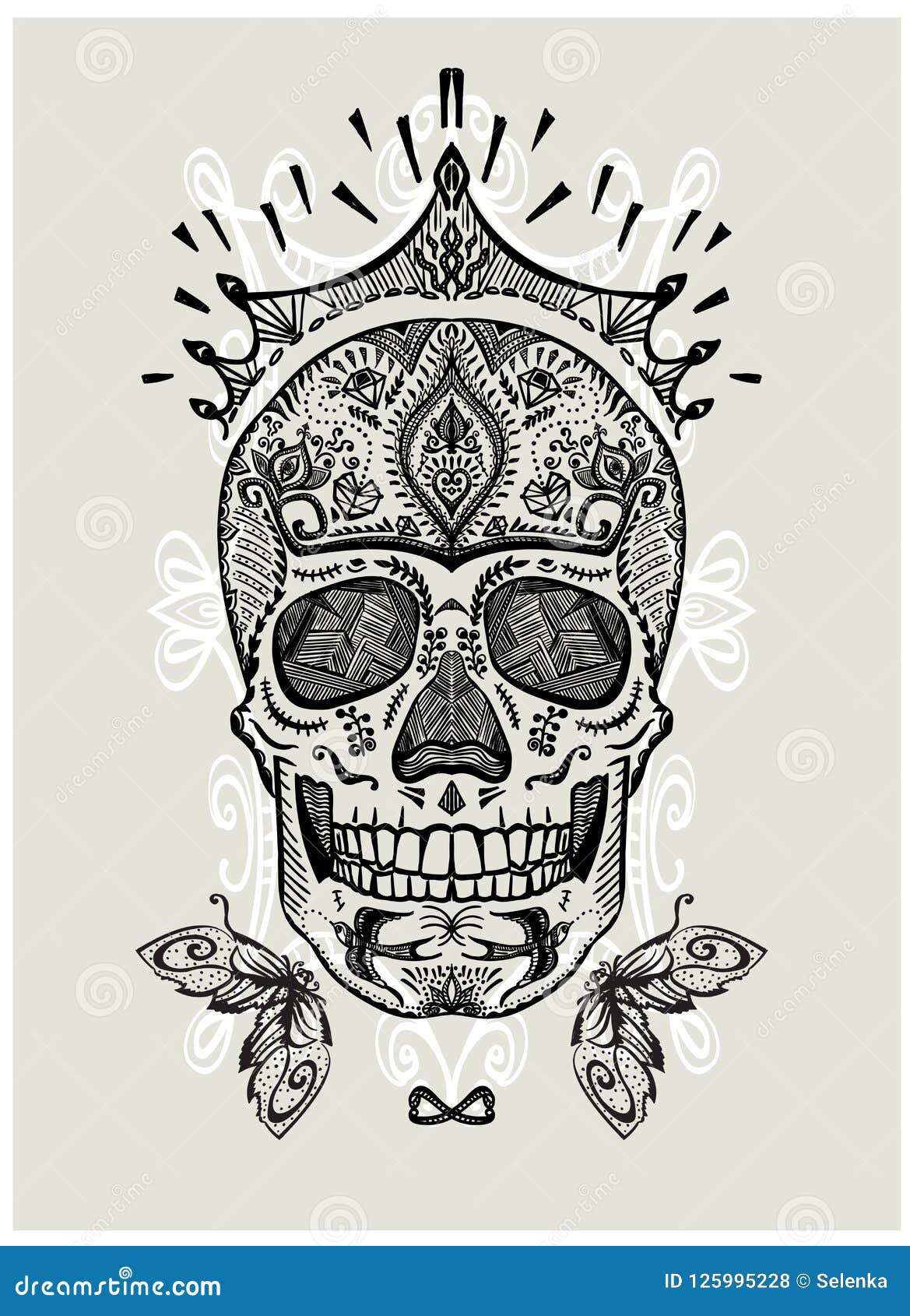 Hand Drawn Ornamental Decorated Skull, Sugar Skull with Crown Stock ...