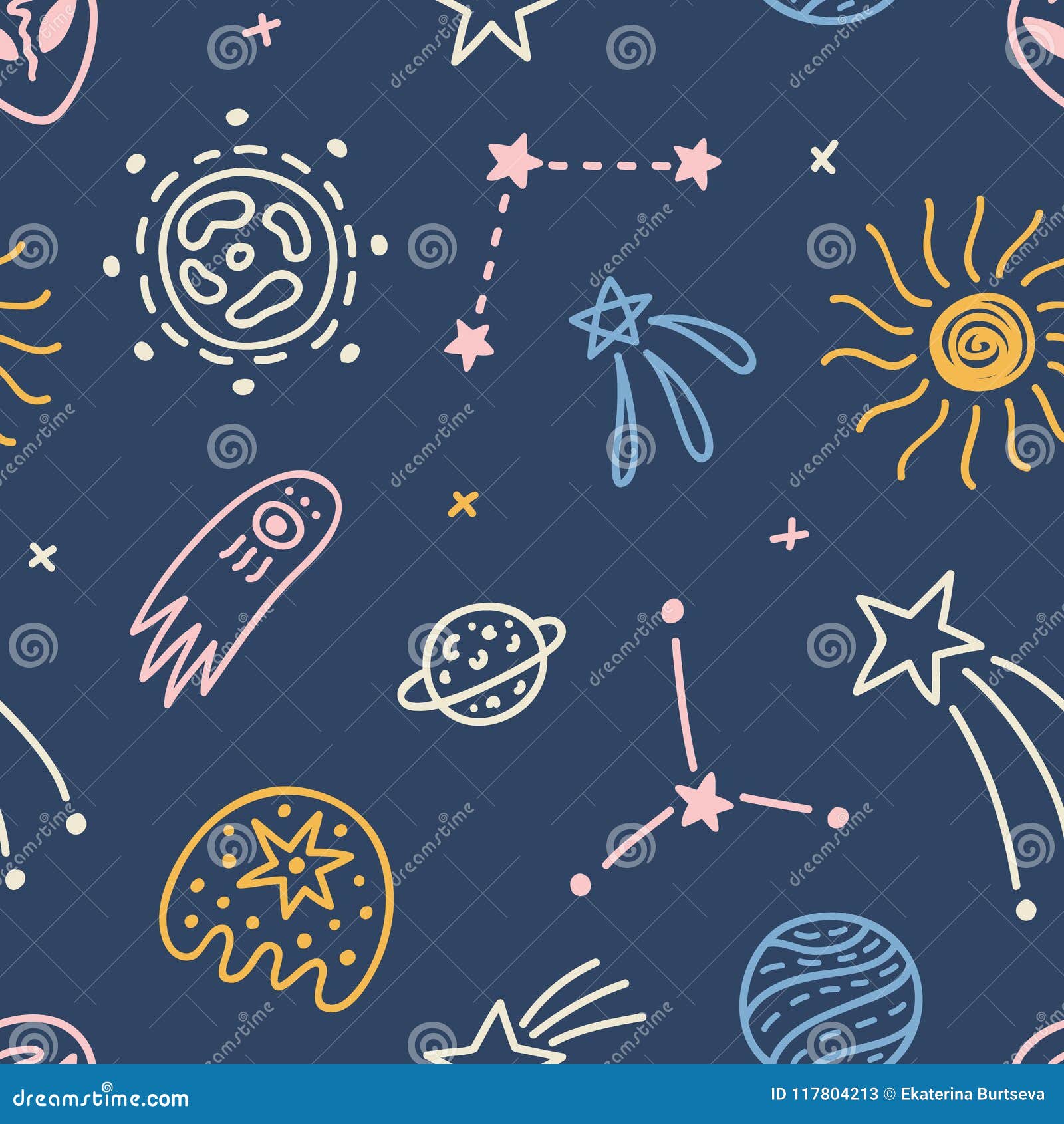 Hand Drawn Outer Space Seamless Pattern Stock Vector - Illustration of ...