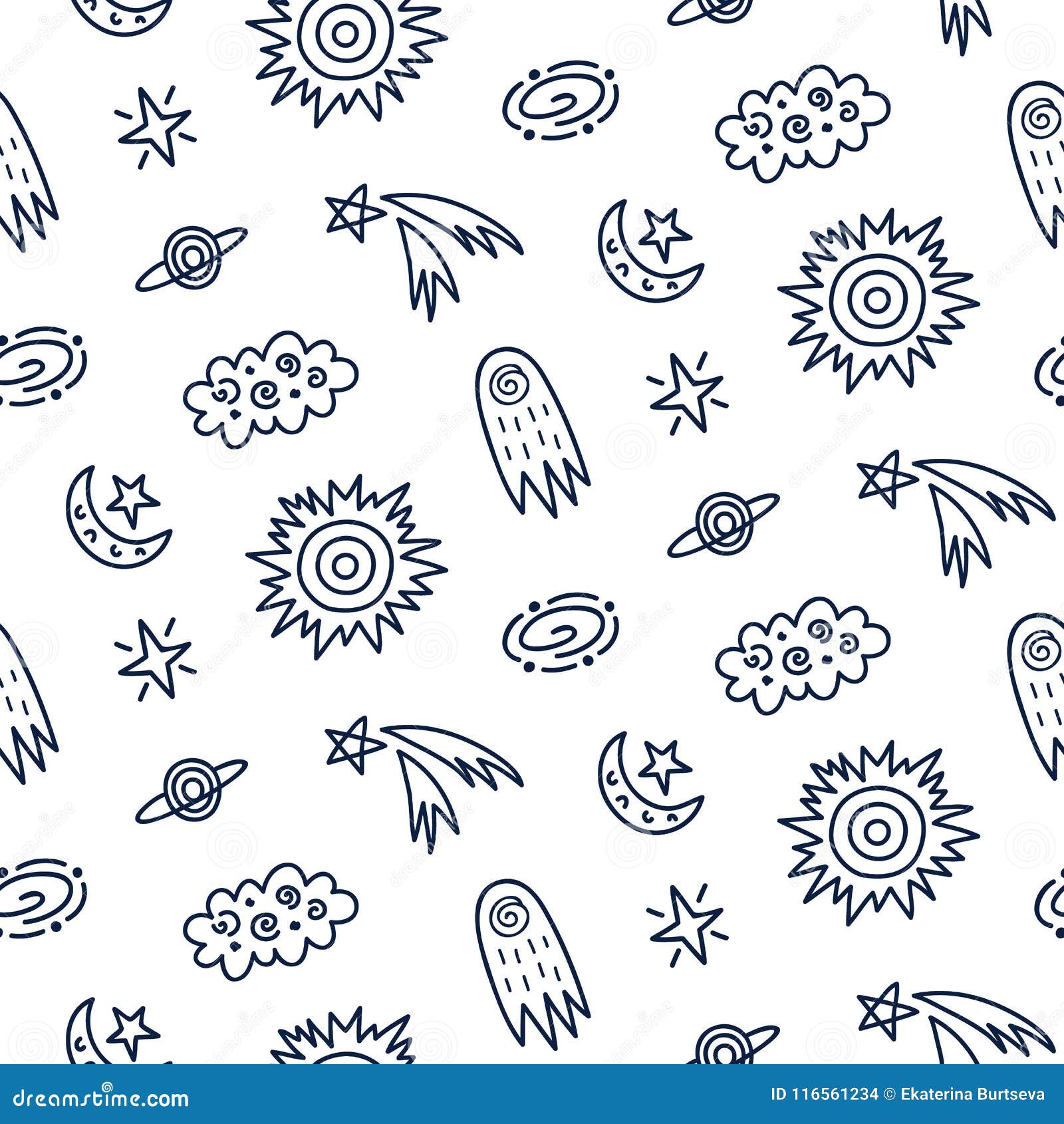 Hand Drawn Outer Space Seamless Pattern Stock Vector - Illustration of ...