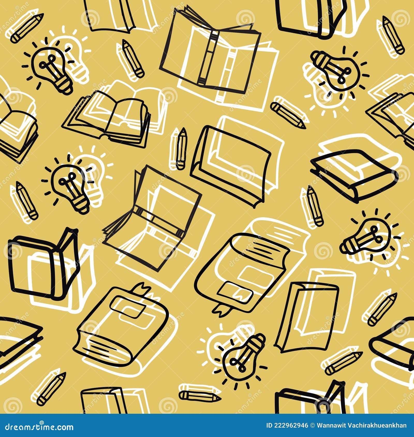 Hand Drawn Outline Books with Education Items Seamless Pattern Stock ...