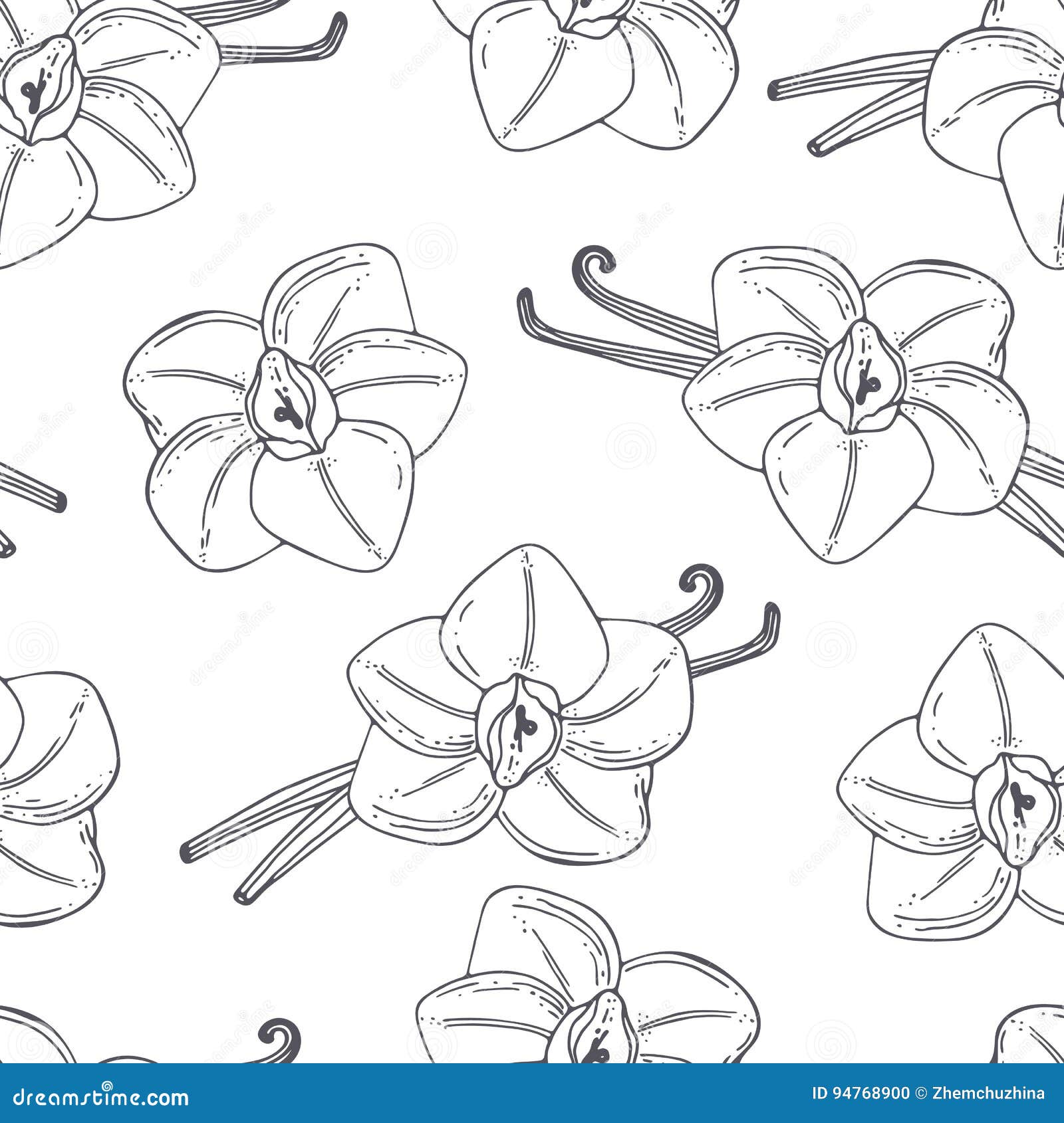 Hand Drawn Outline Seamless Pattern With Vanilla. Black And White Food ...