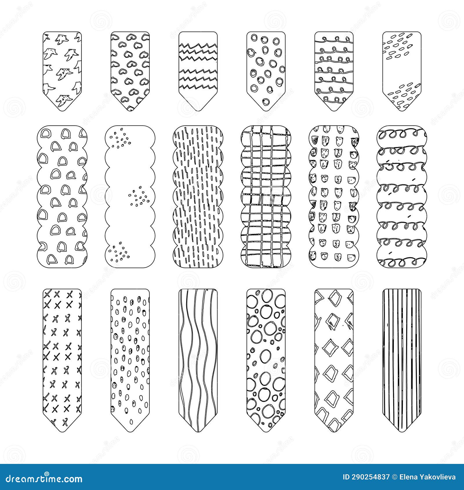 Hand Drawn Outline Set Cute Bookmarks, Stickers, Tape Stock Vector ...