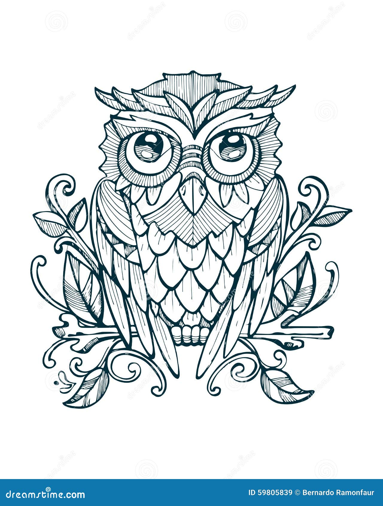 Hand drawn owl stock vector. Illustration of wings, leafs - 59805839