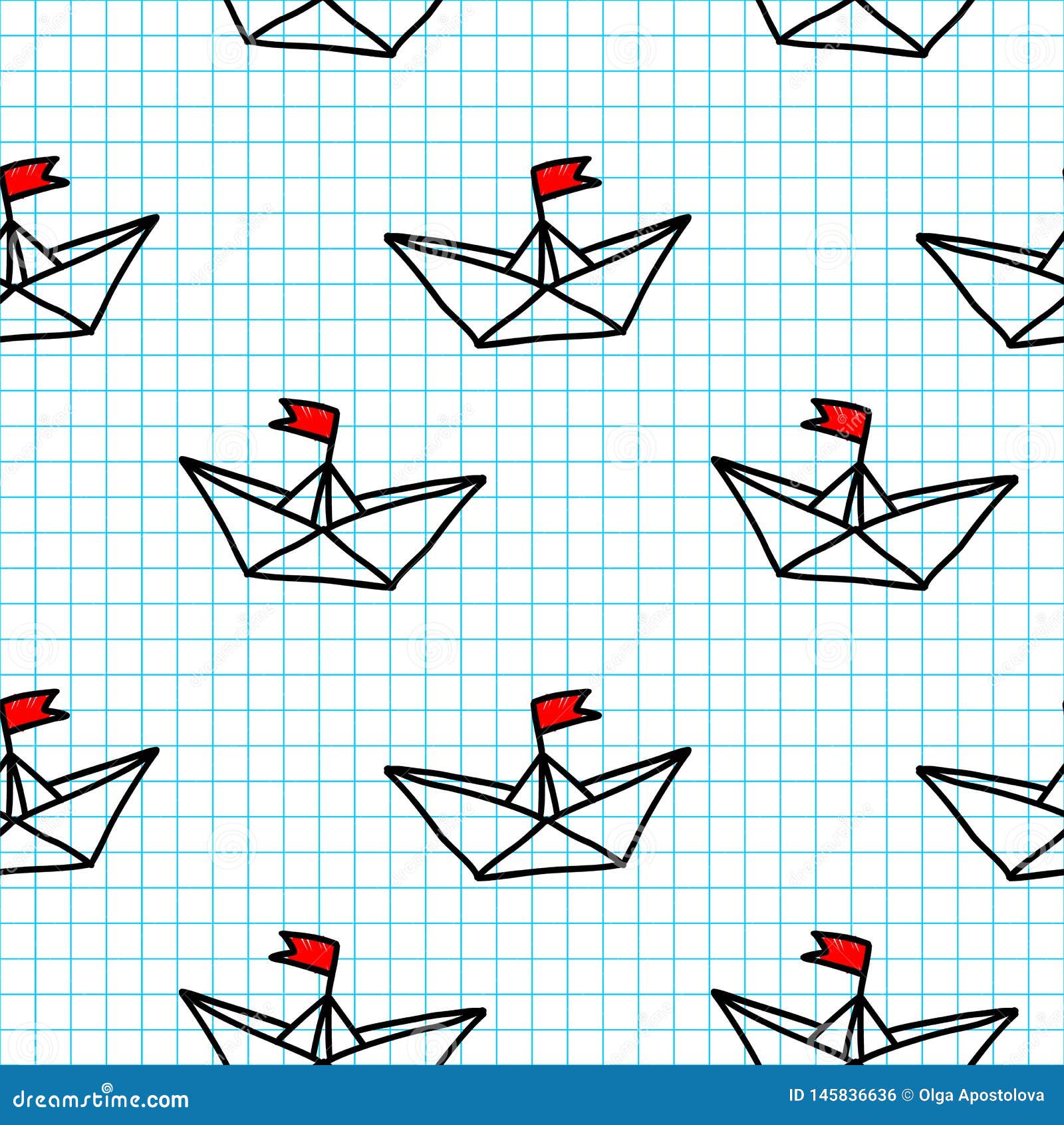 Hand Drawn Paper Ships on the Checkered Sheet of Paper Background ...