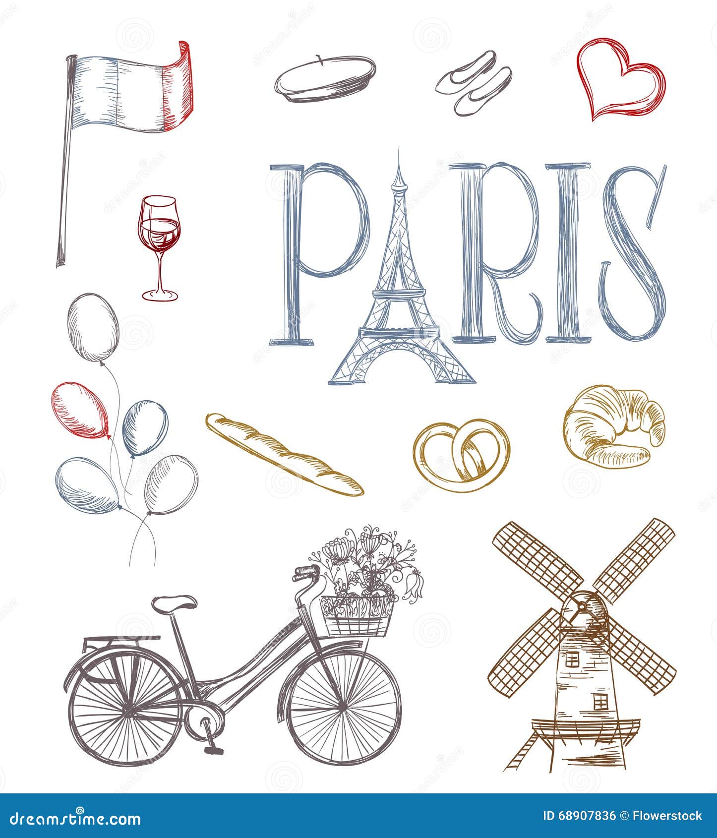 Hand drawn paris symbols stock vector. Illustration of basket - 68907836