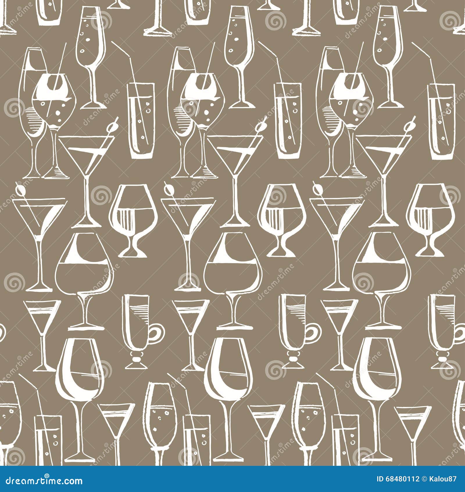 Hand Drawn Pattern of Alcohol Drinks and Cocktails. Vector Illustration ...