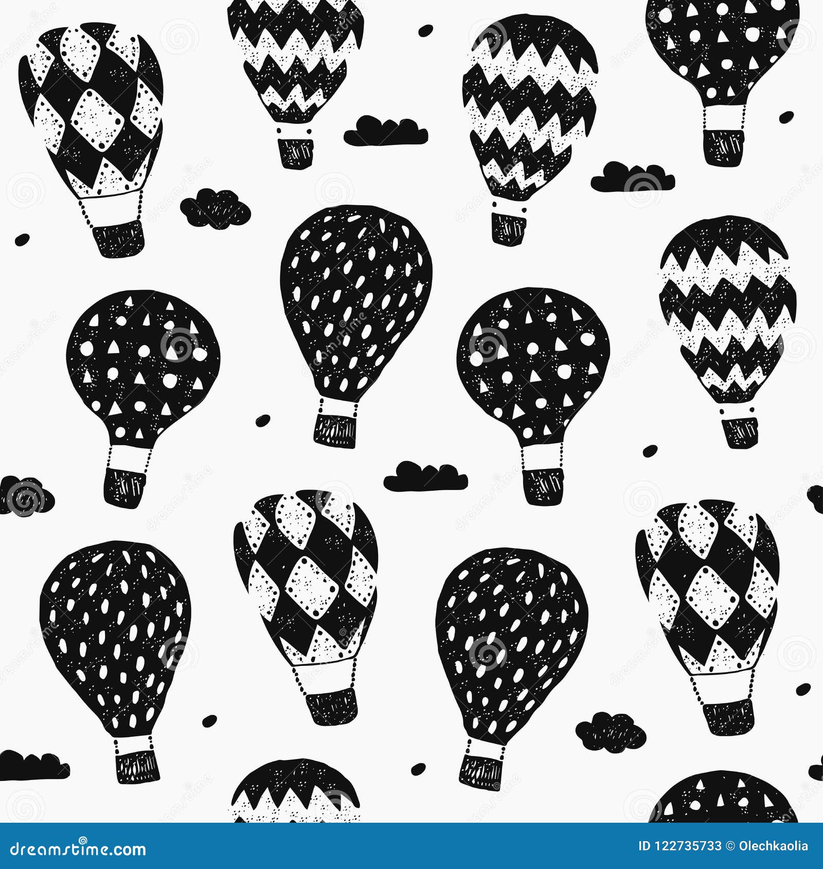 Hand Drawn Pattern with Balloon in the Sky. Kid Drawing Style. Nursery ...