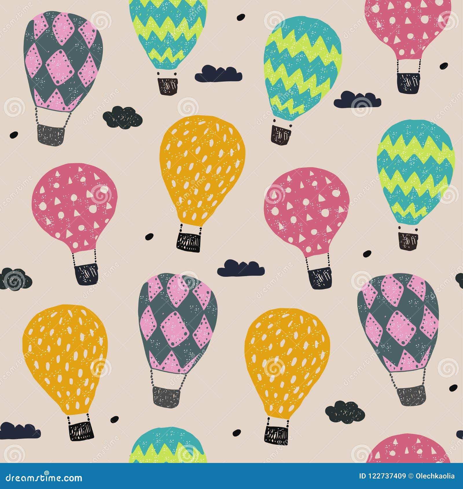 Hand Drawn Pattern with Balloon in the Sky. Kid Drawing Style. Nursery ...