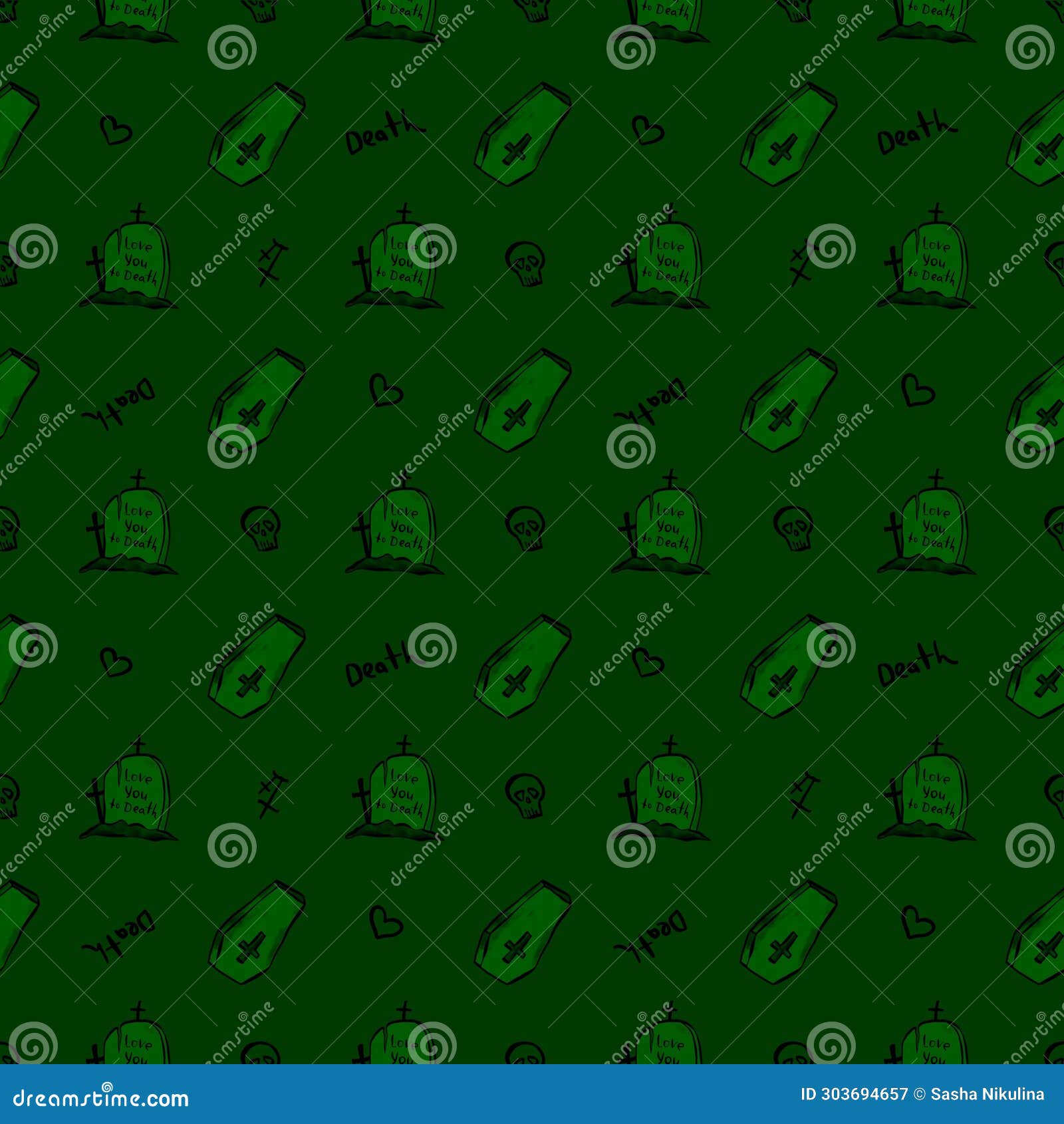 Hand Drawn Pattern with Coffins and Graveyard on Green Background Stock ...