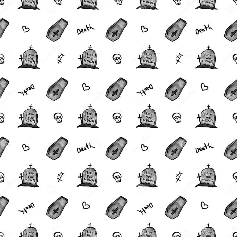 Hand Drawn Pattern with Coffins and Graveyard on White Background Stock ...