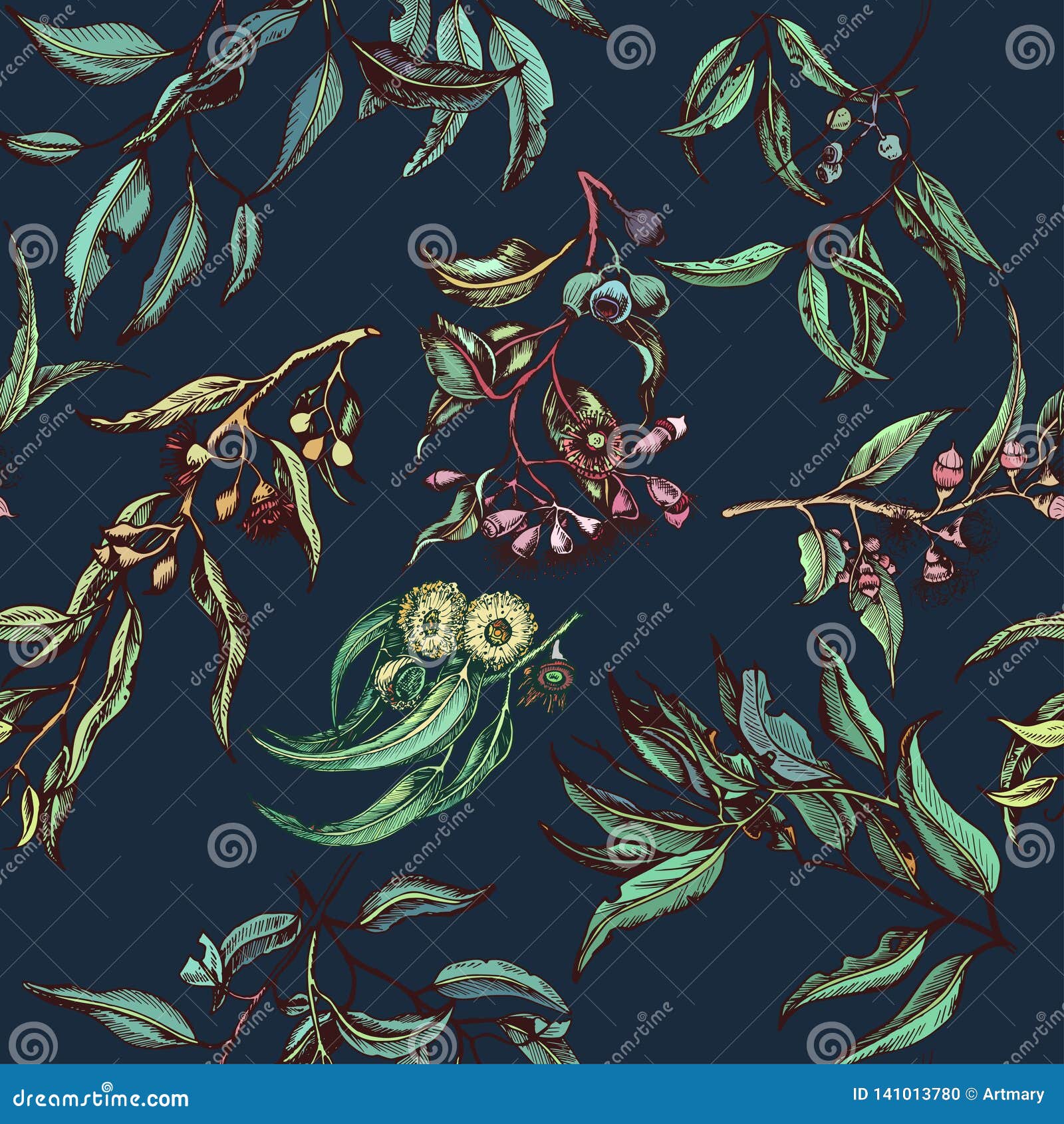 Hand Drawn Pattern Eucalyptus, Succulent Flowers Stock Illustration ...