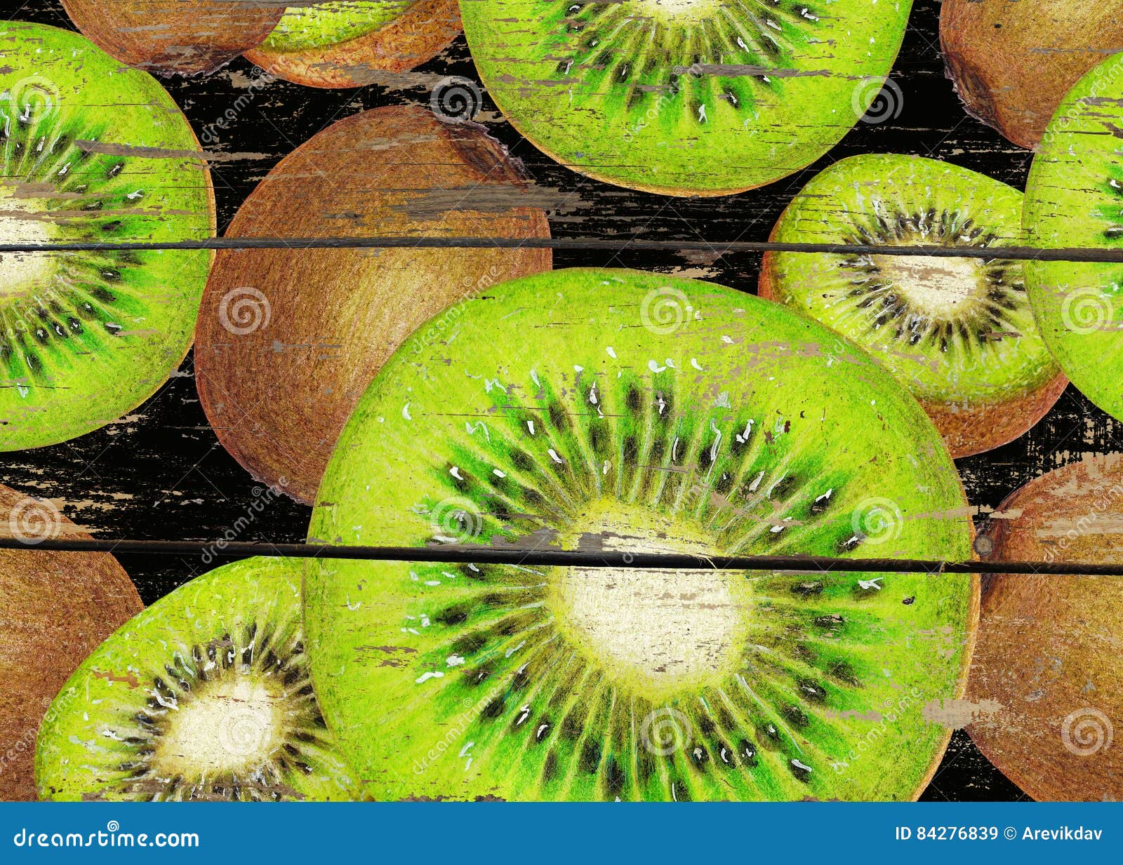 Hand Drawn Pattern of Kiwi Fruit on Wood Texture Stock Image - Image of ...