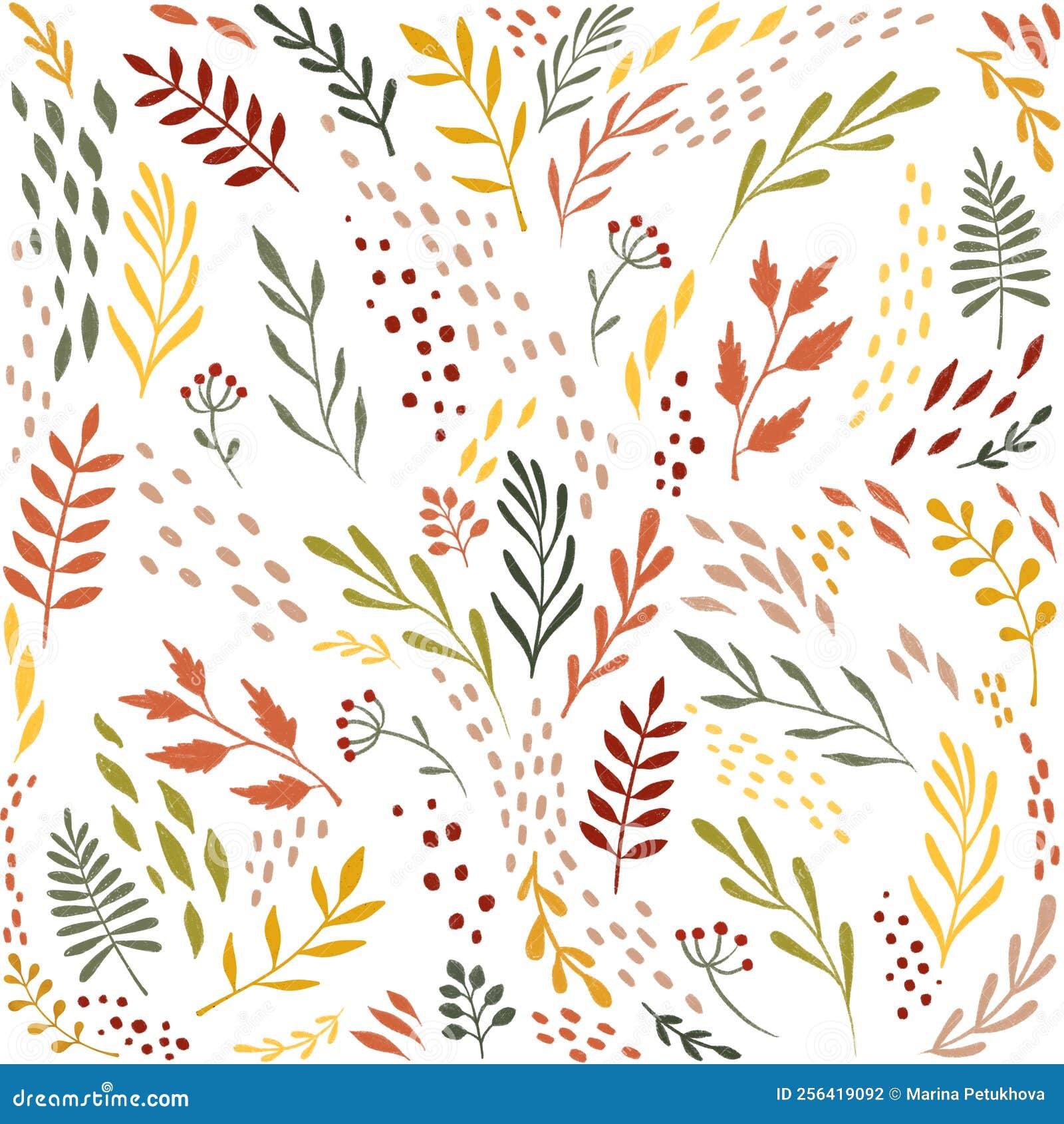 Hand Drawn Pattern of Plants, Leaves and Branches on a White Background ...