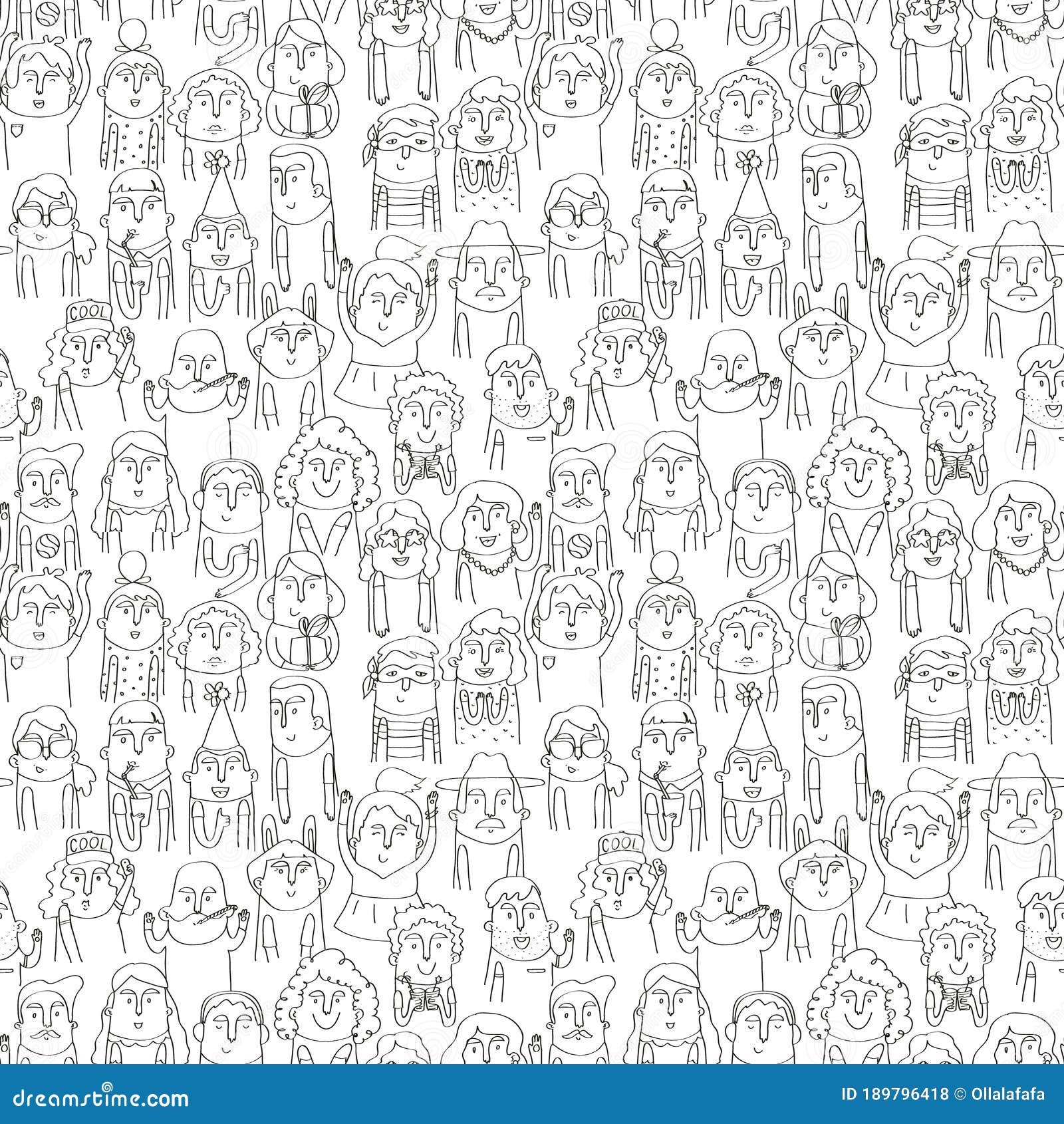 Hand Drawn People Seamless Pattern. Coloring Page. Stock Vector ...