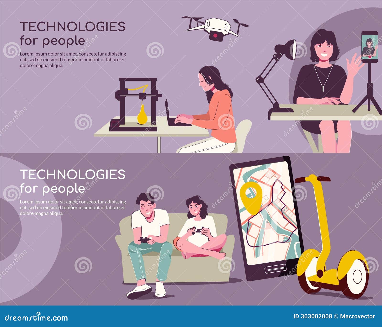 Hand Drawn People Using Technology Banner Stock Illustration ...