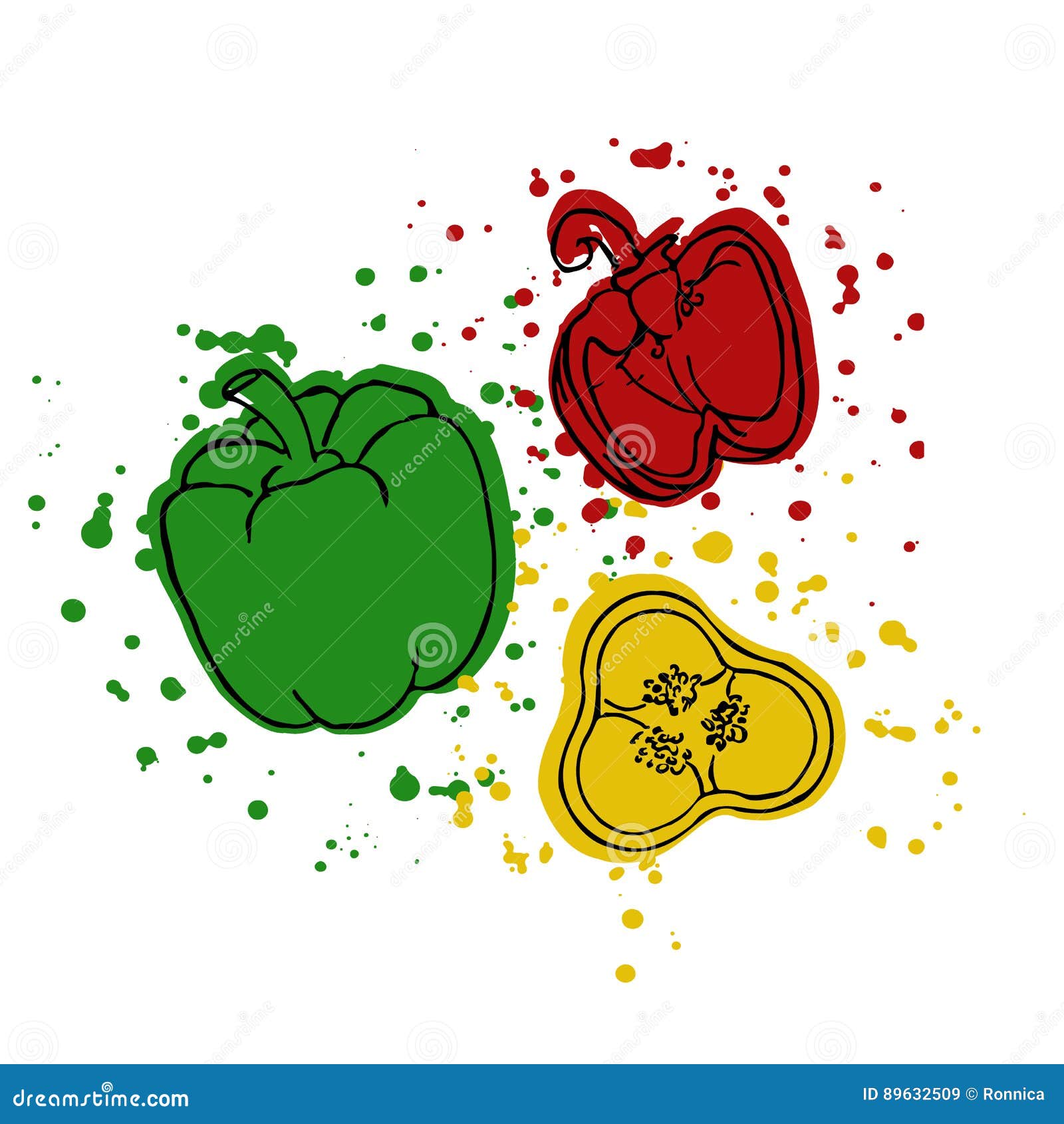 Hand Drawn Peppers with Colorful Splash Stock Vector - Illustration of ...