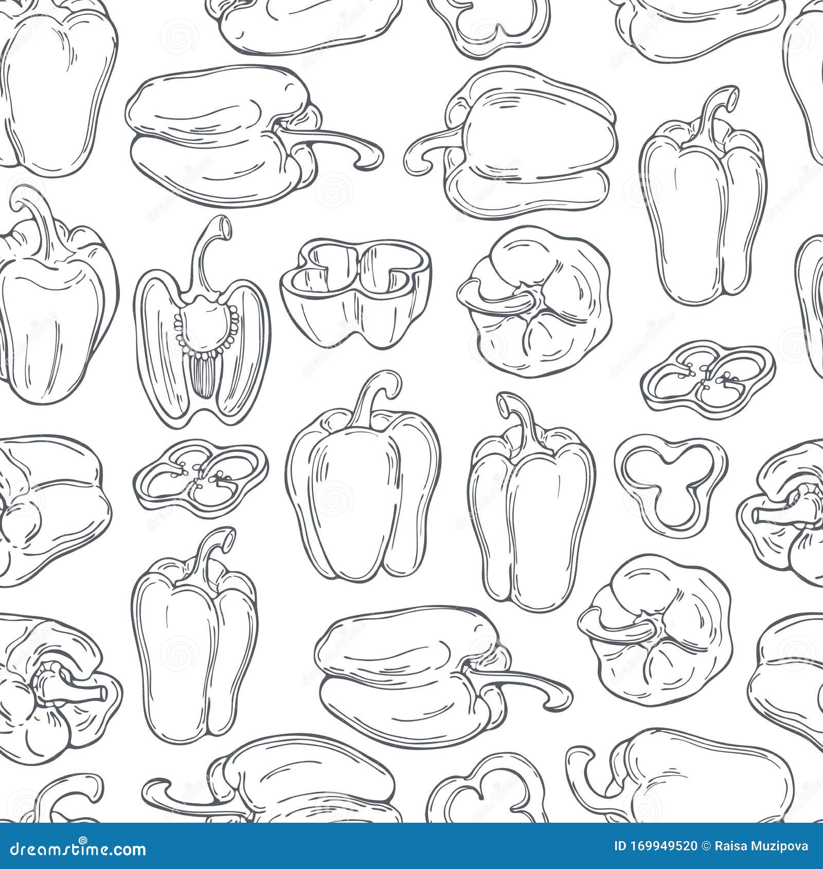 Hand Drawn Peppers. Vector Seamless Pattern Stock Vector - Illustration ...