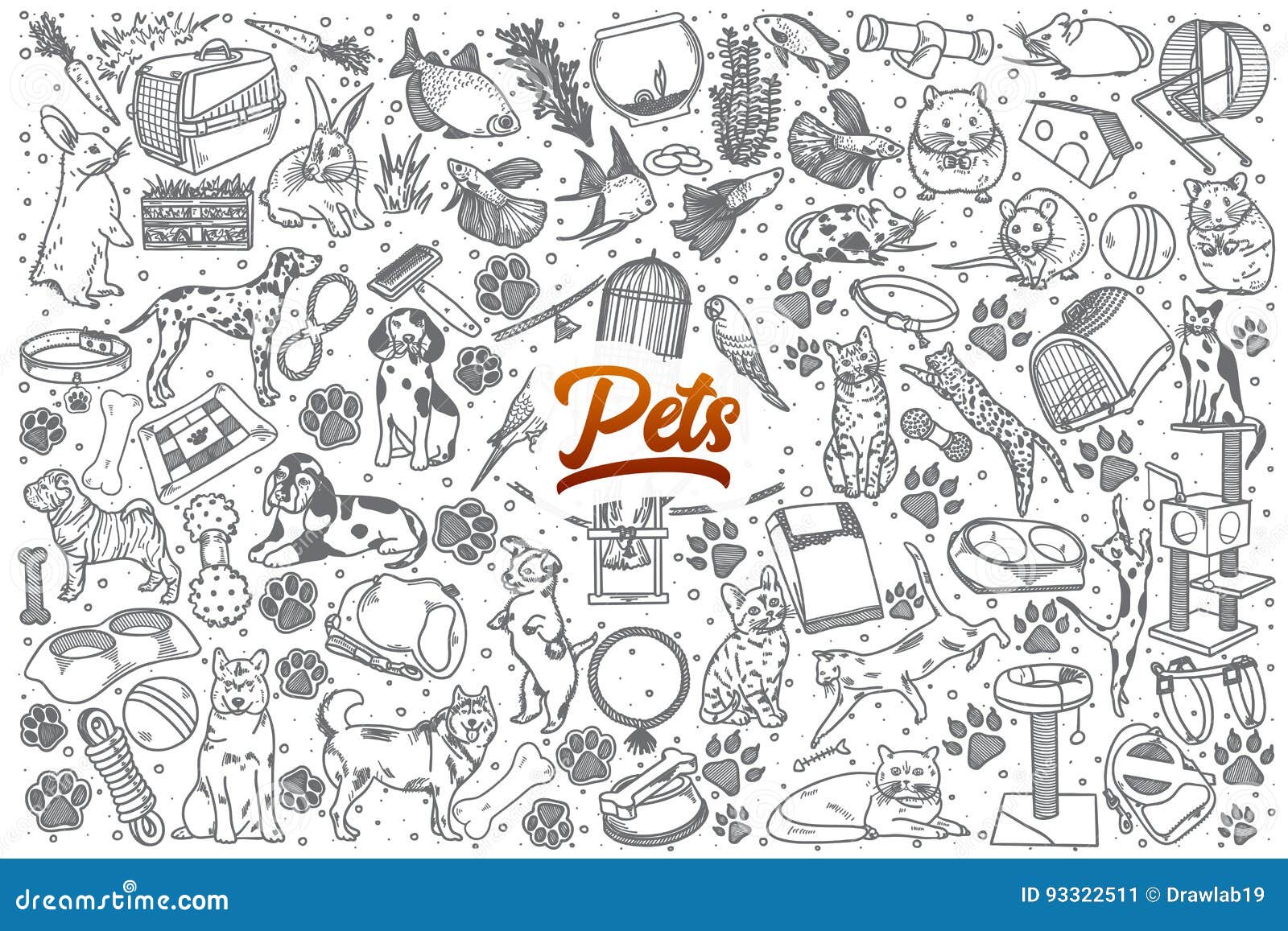 Hand Drawn Pets Doodle Set with Lettering Stock Vector - Illustration ...