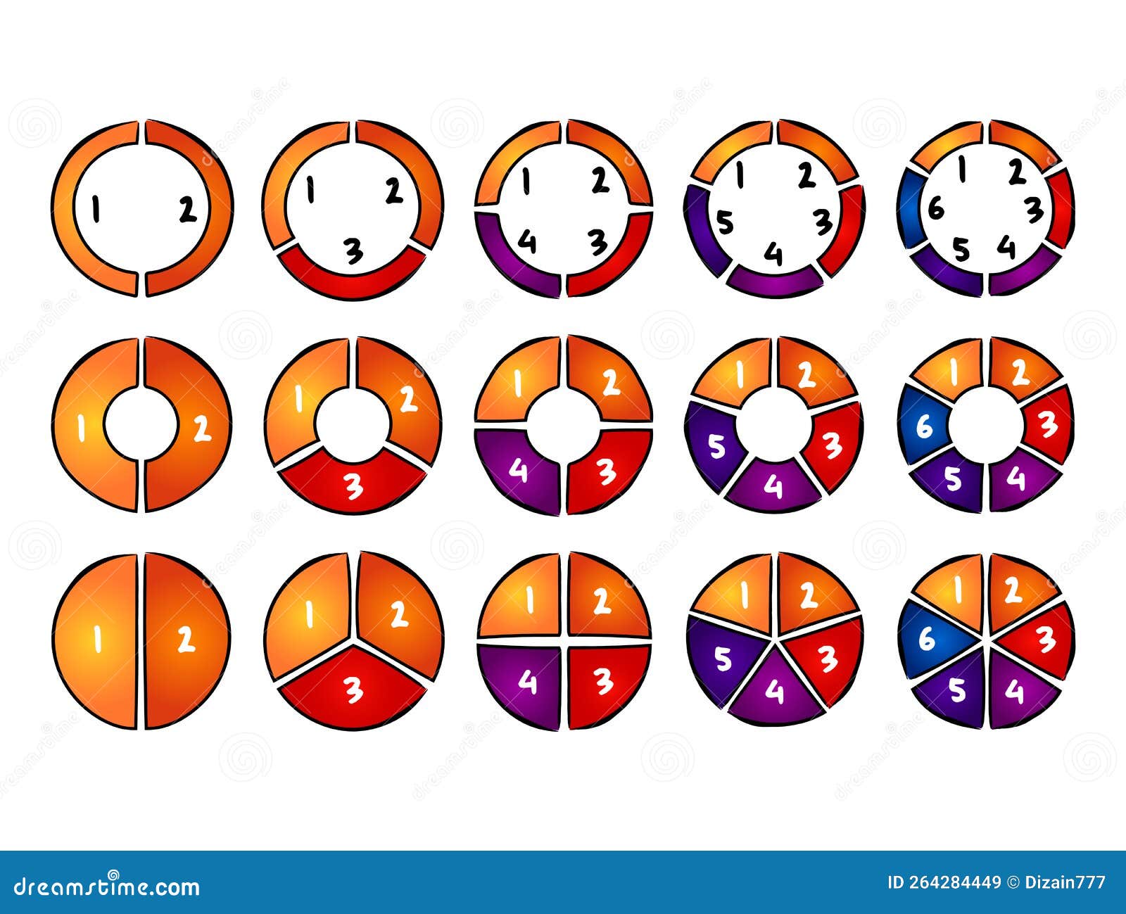 Hand Drawn Pie Chart Sets of 2, 3, 4, 5, 6 Options Steps Processes with ...