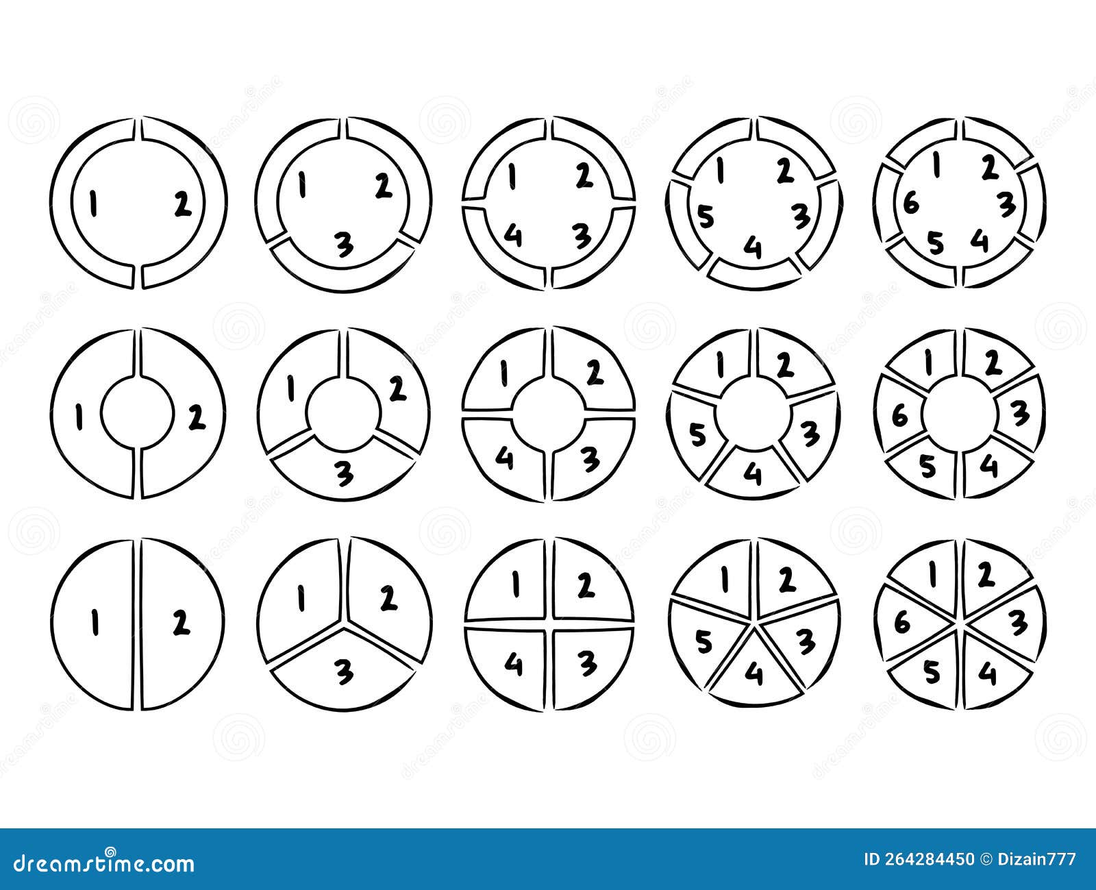 Hand Drawn Pie Chart Sets of 2, 3, 4, 5, 6 Options Steps Processes with ...