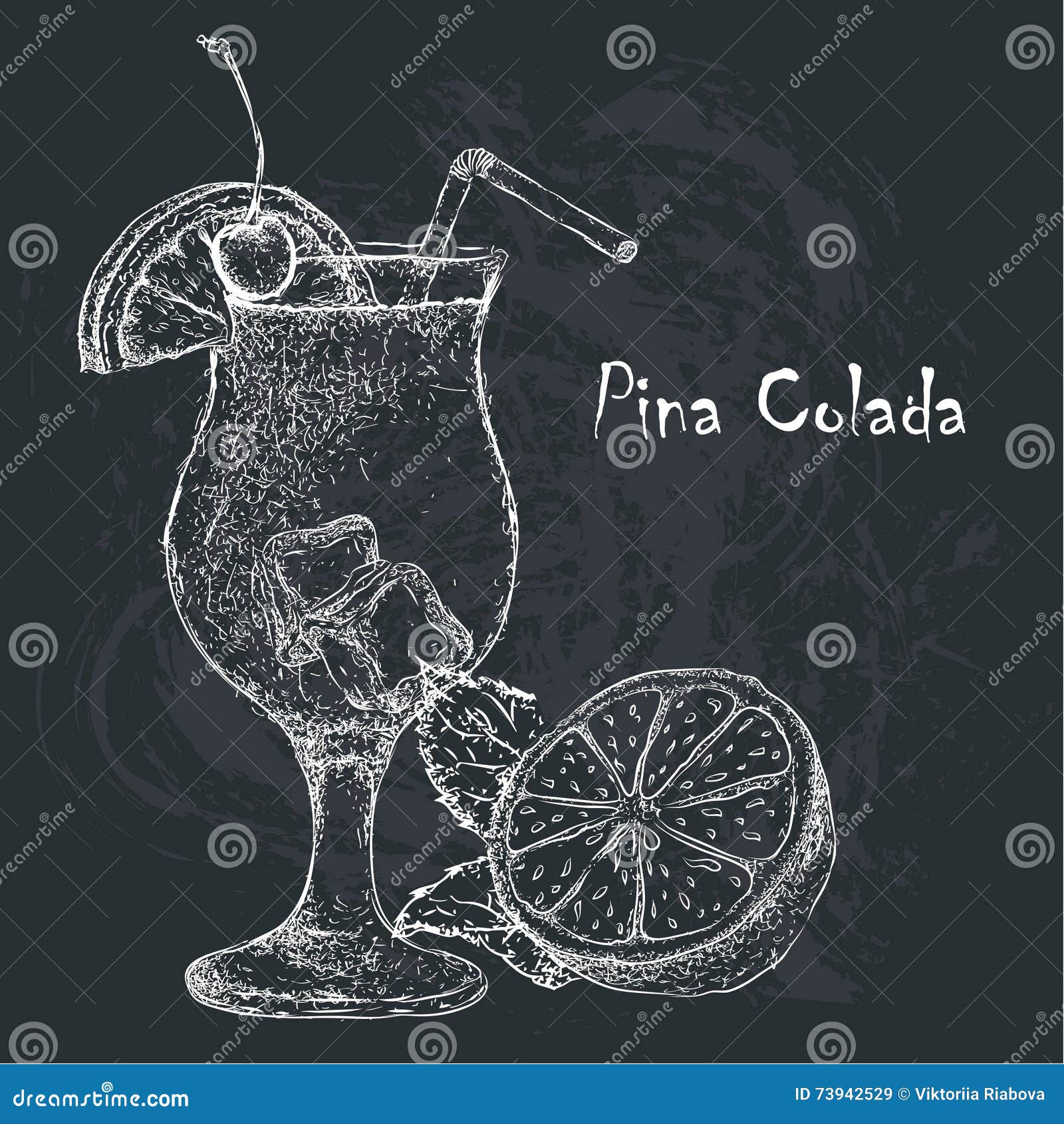 Hand Drawn Pina Colada Cocktail in Glass with Lime. Vector Illustration ...