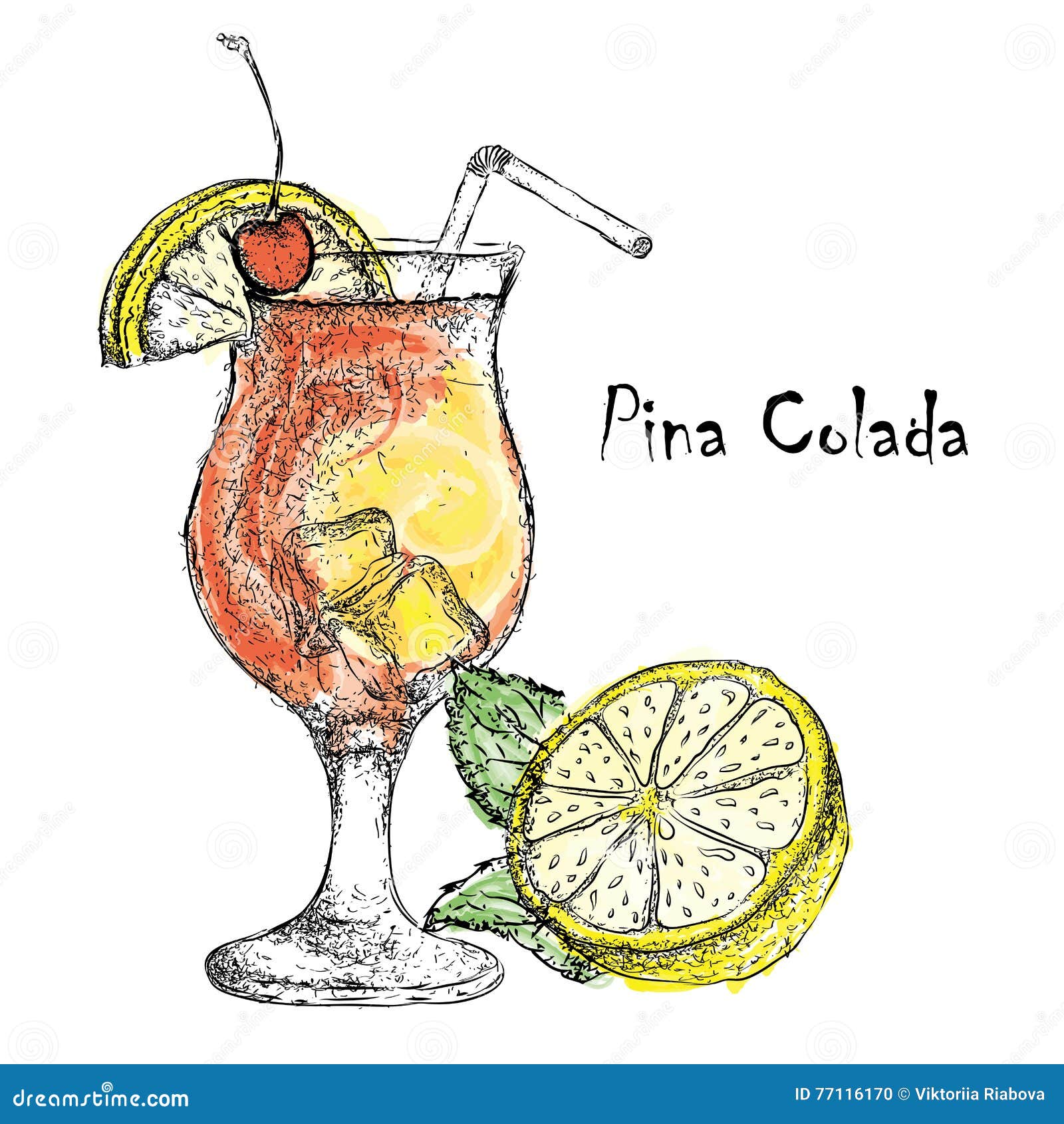 Hand Drawn Pina Colada Cocktail in Glass with Lime. Vector Illustration ...