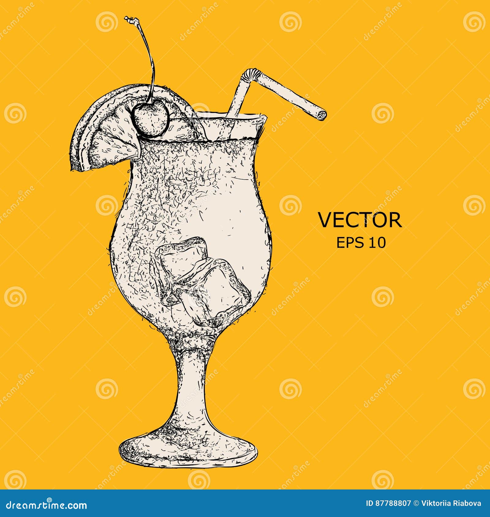 Hand Drawn Pina Colada Cocktail in Glass with Lime. Vector Illustration ...