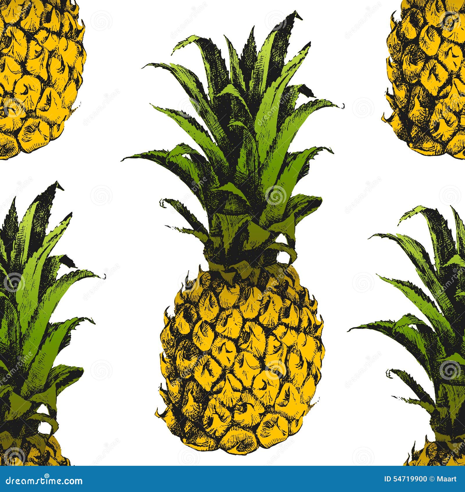 Pineapple Seamless Pattern. Hand Drawn Fresh Ananas. Vector Sketch Background. Color Doodle ...
