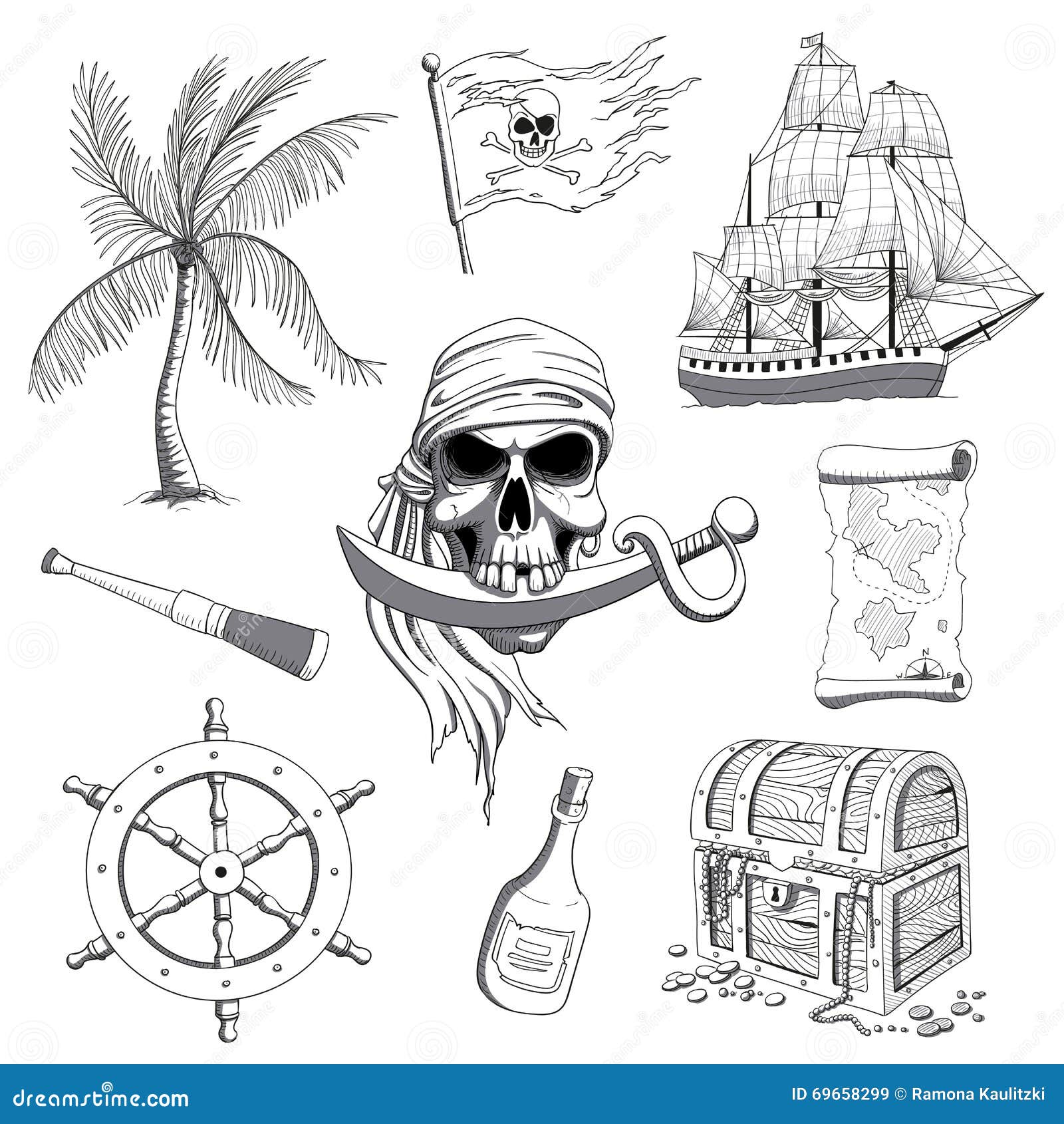 Hand Drawn Pirate Design Elements Stock Illustration - Illustration of ...