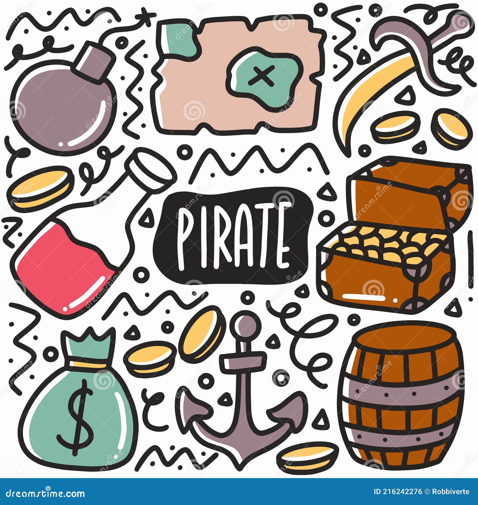 Hand Drawn Pirate Doodle Set Stock Vector - Illustration of bomb ...