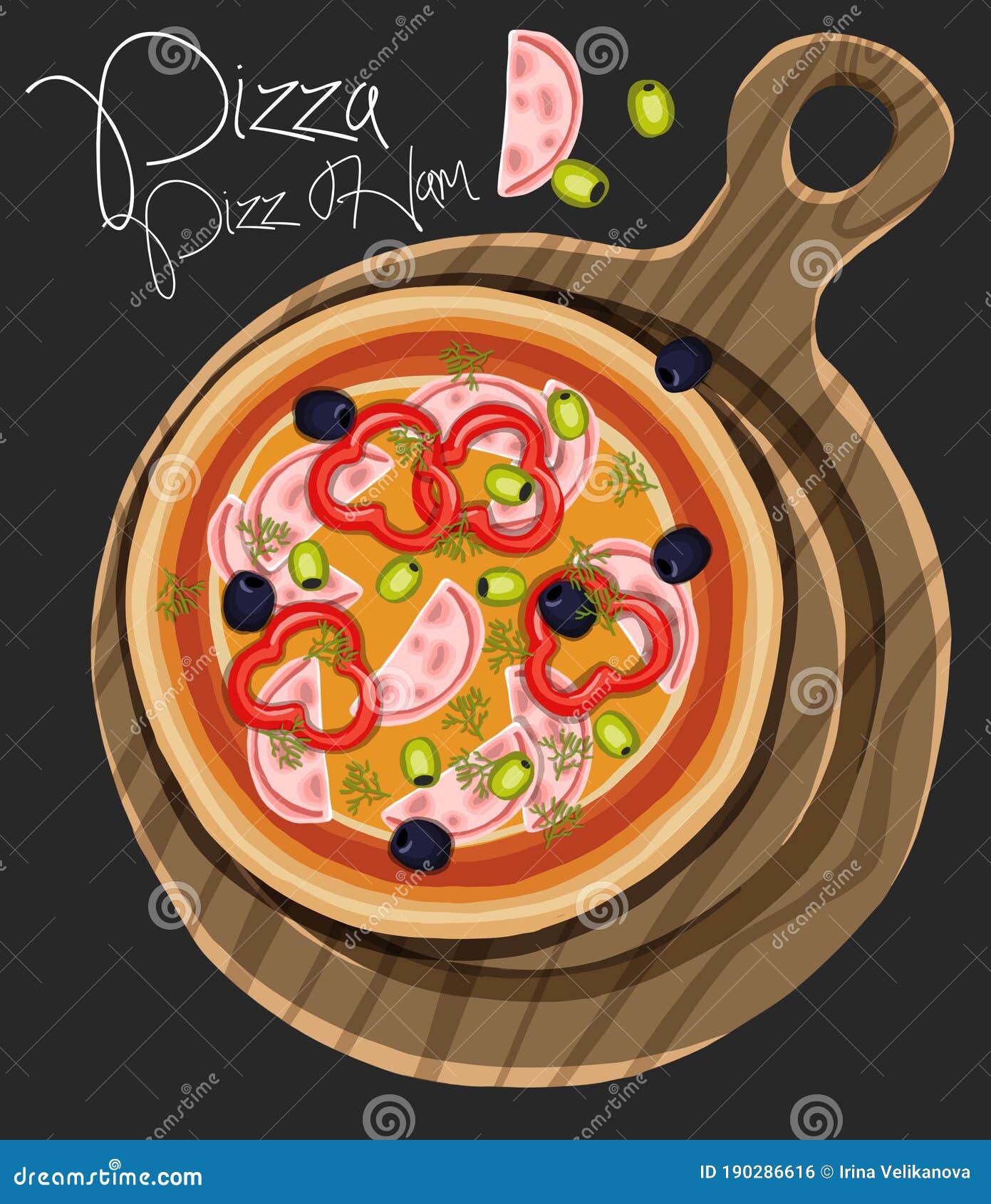 Hand Drawn Pizza on Cutting Board Stock Illustration - Illustration of ...