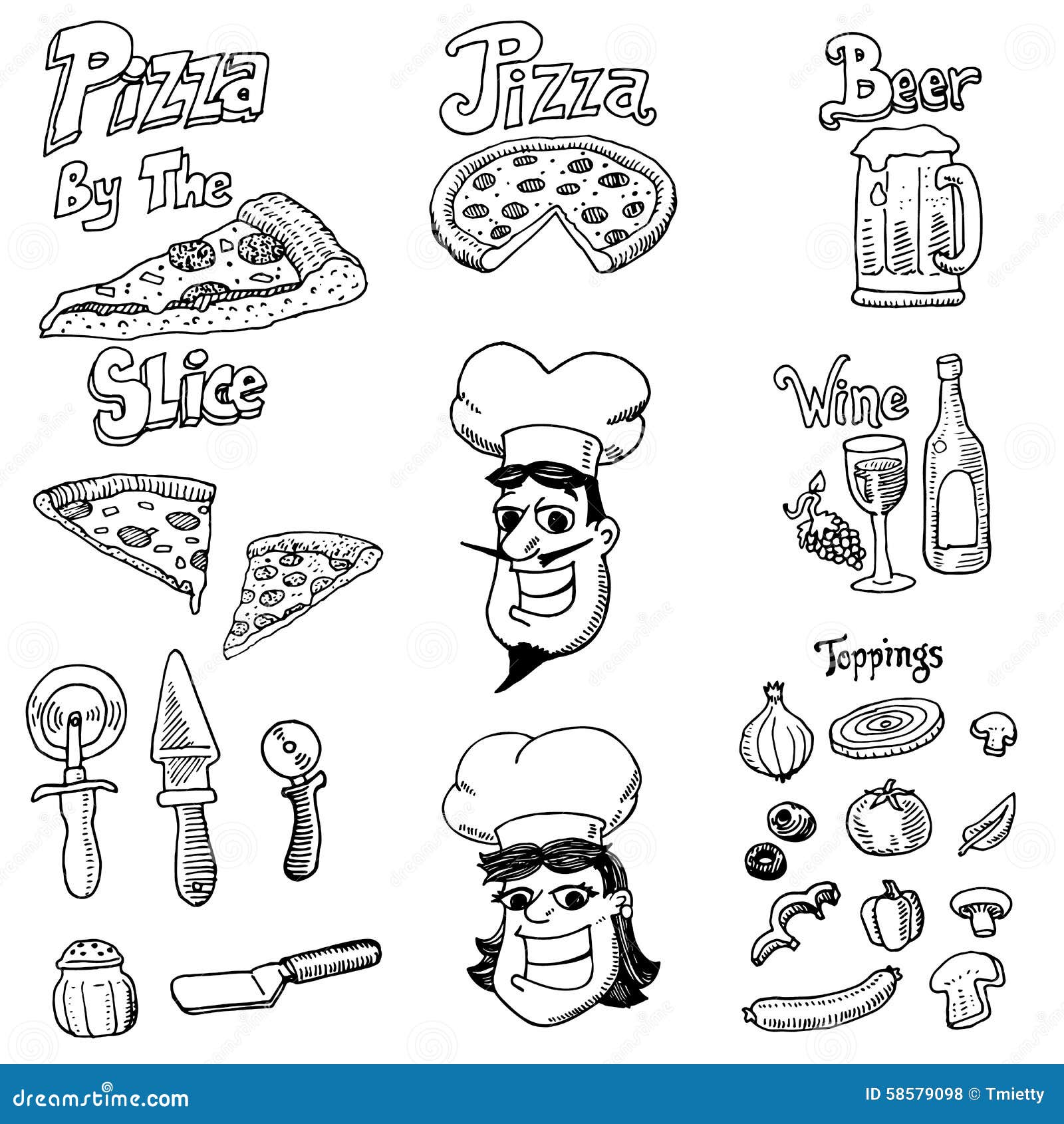 Hand-drawn pizza doodles stock vector. Illustration of doodle - 58579098