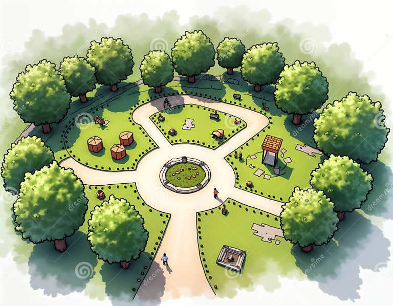 Hand-drawn Plan of Park with Pathways, Green Plants. Several Trees ...