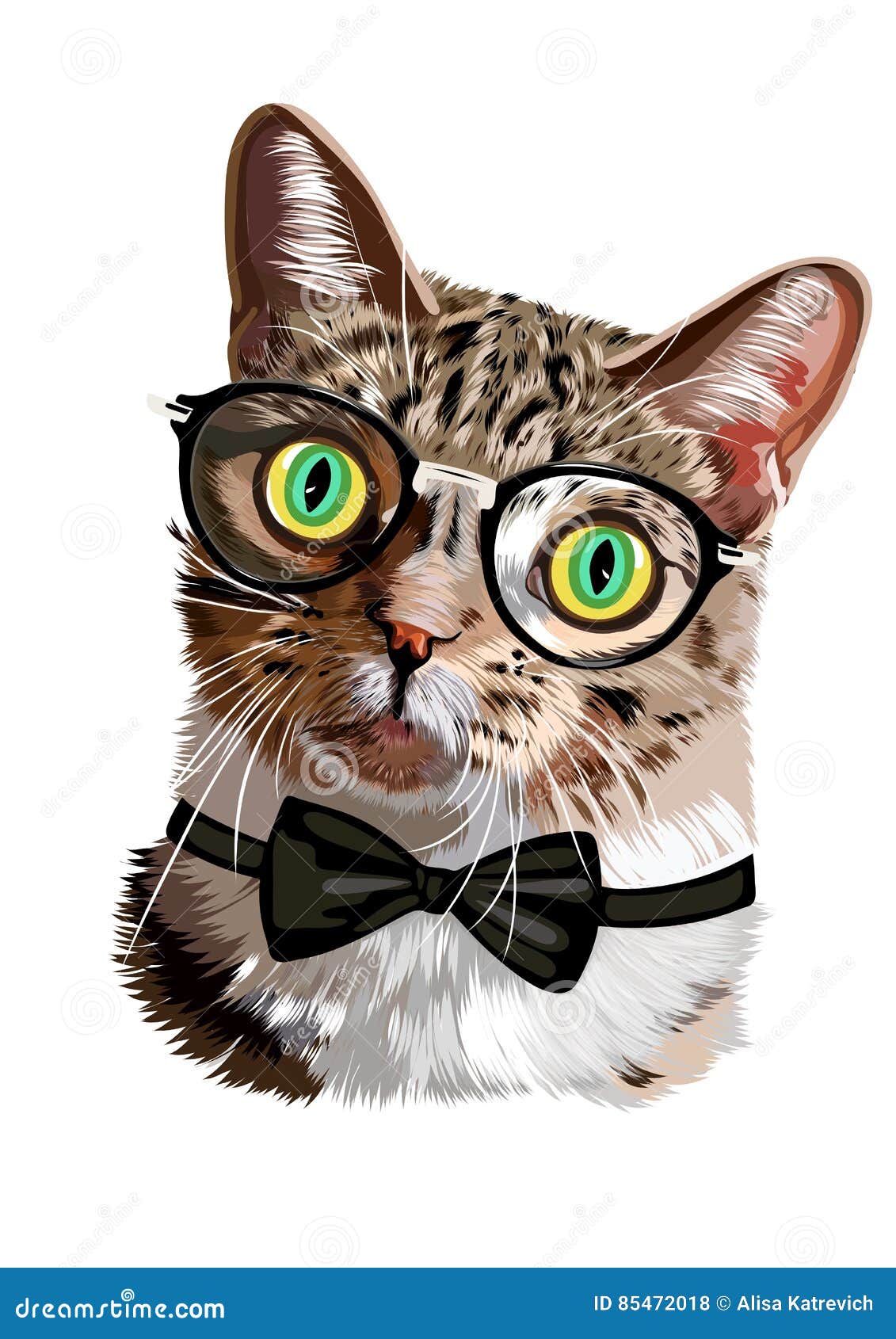 Hand Drawn Portrait of Cat with Glasses and Bow Tie. Vector Stock ...