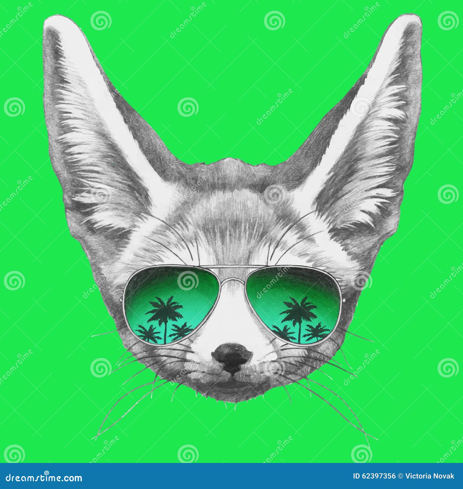 Hand Drawn Portrait of Fennec Fox with Mirror Sunglasses. Stock Vector ...
